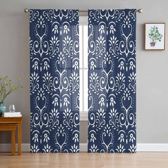 Navy Blue Spring Floral Sheer Curtains 63 Inches Length 2 Panels Set ...
