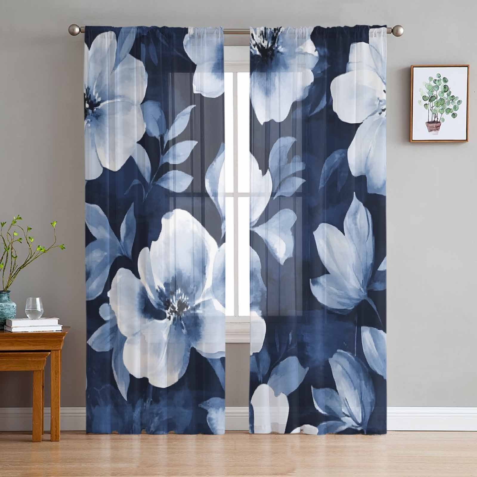 Navy Blue Spring Floral Sheer Curtains 96 Inch Length 2 Panels Set for ...