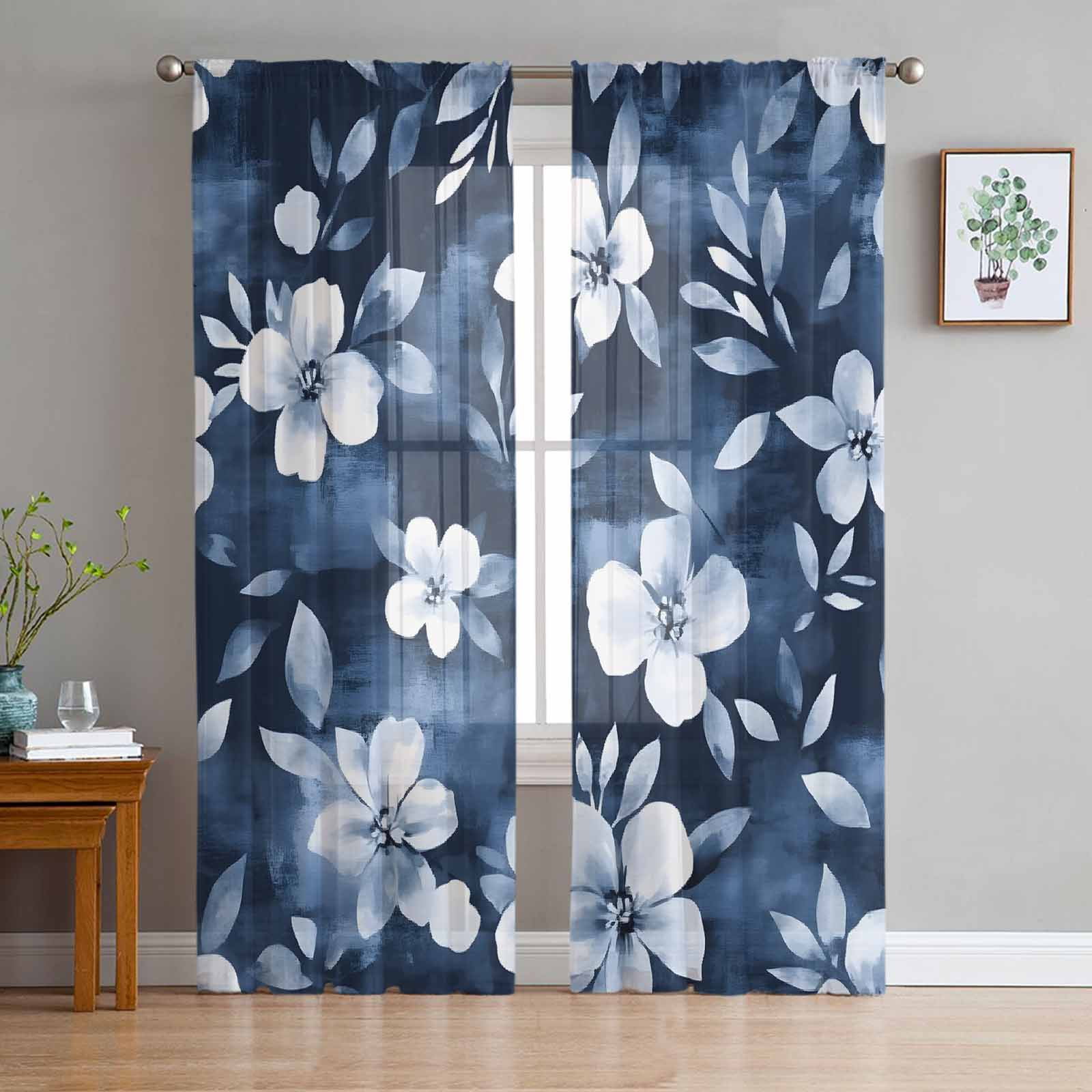 Navy Blue Spring Floral Sheer Curtains 96 Inch Length 2 Panels Set for ...