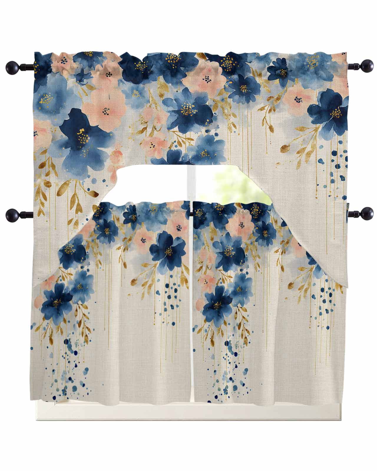 Navy Blue Spring Floral Swag Curtains for Living Room/Bedroom Windows ...