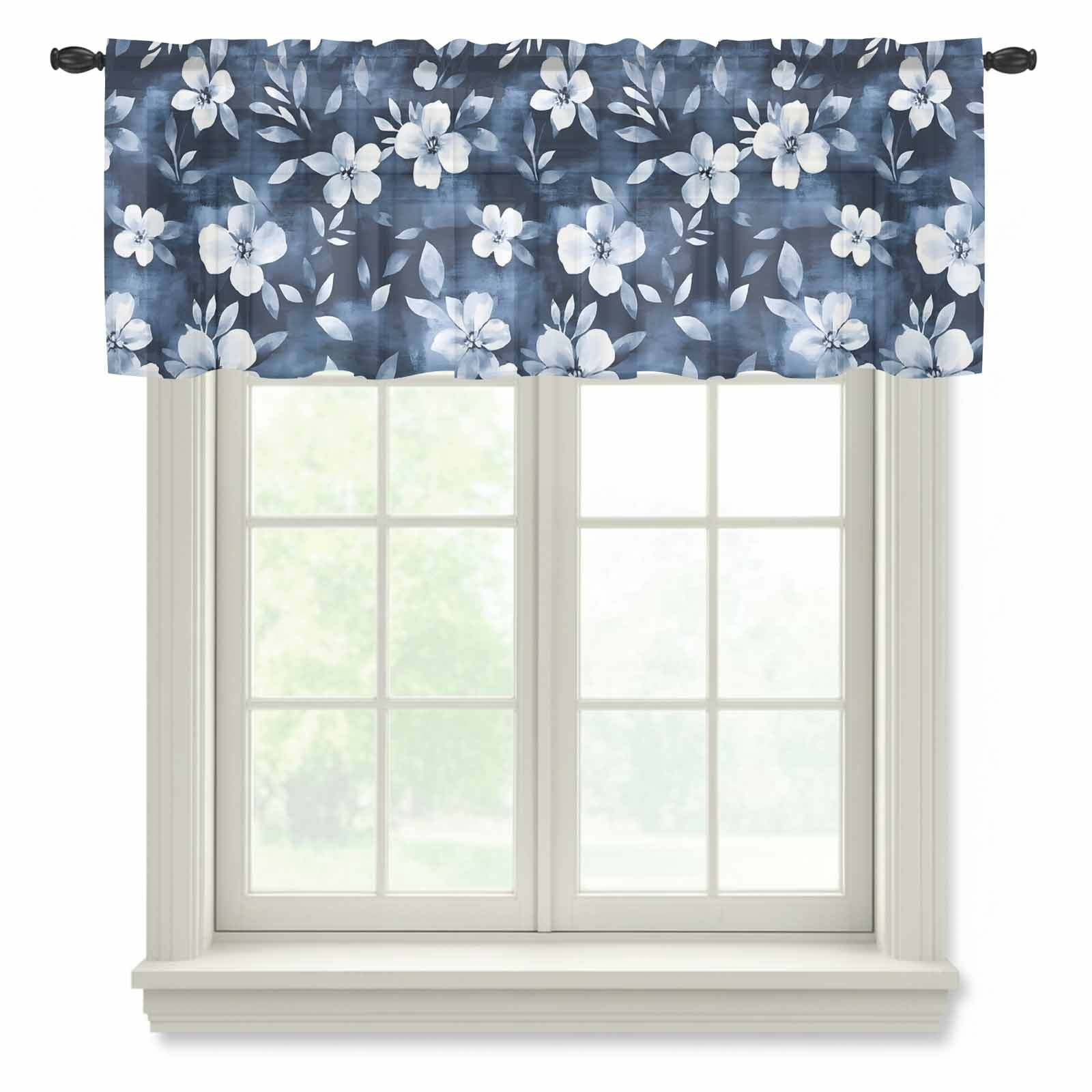 Navy Blue Spring Floral Valance Curtains for Kitchen/Living Room ...