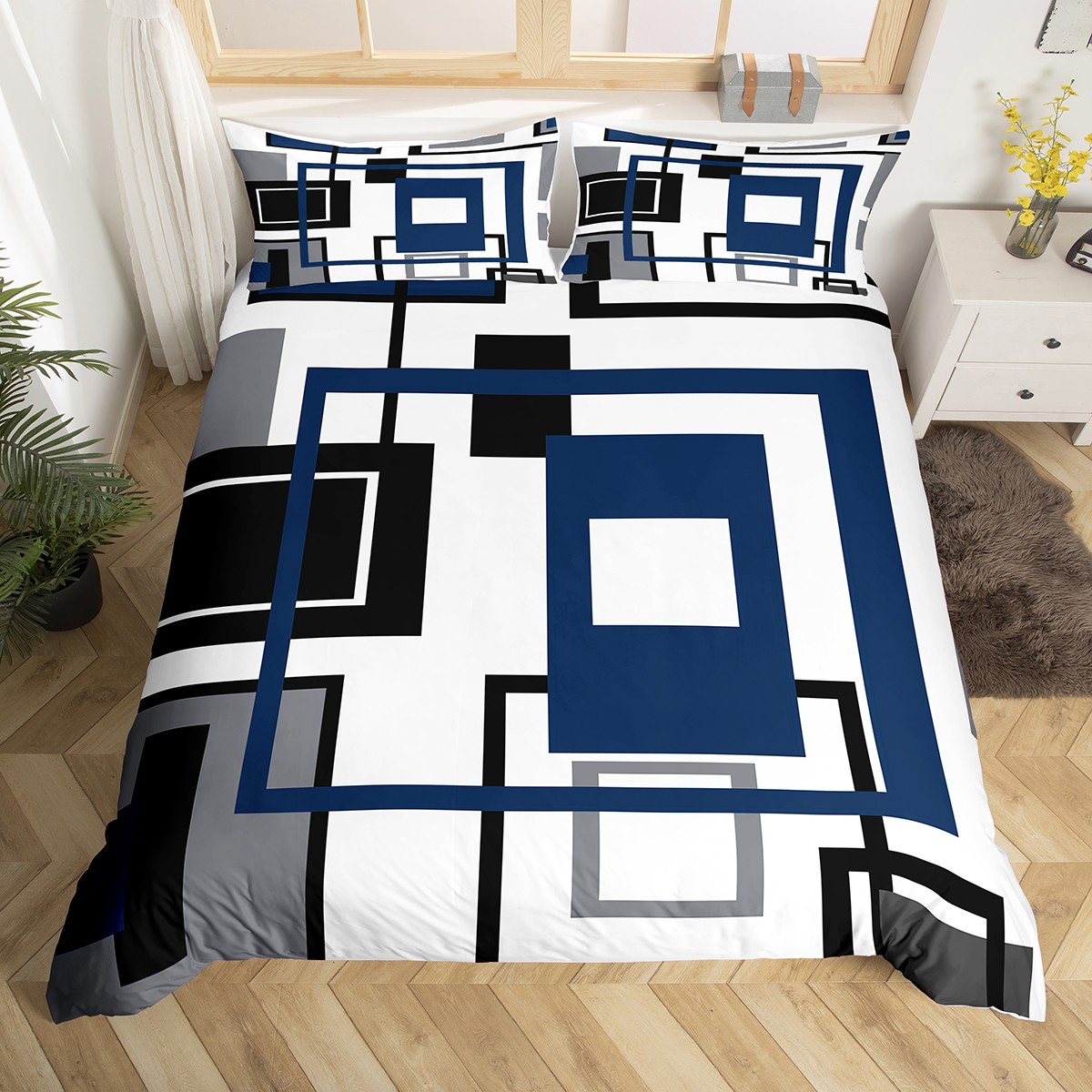 Navy Blue Square Comforter Cover For Teen Full Lack White Grey ...