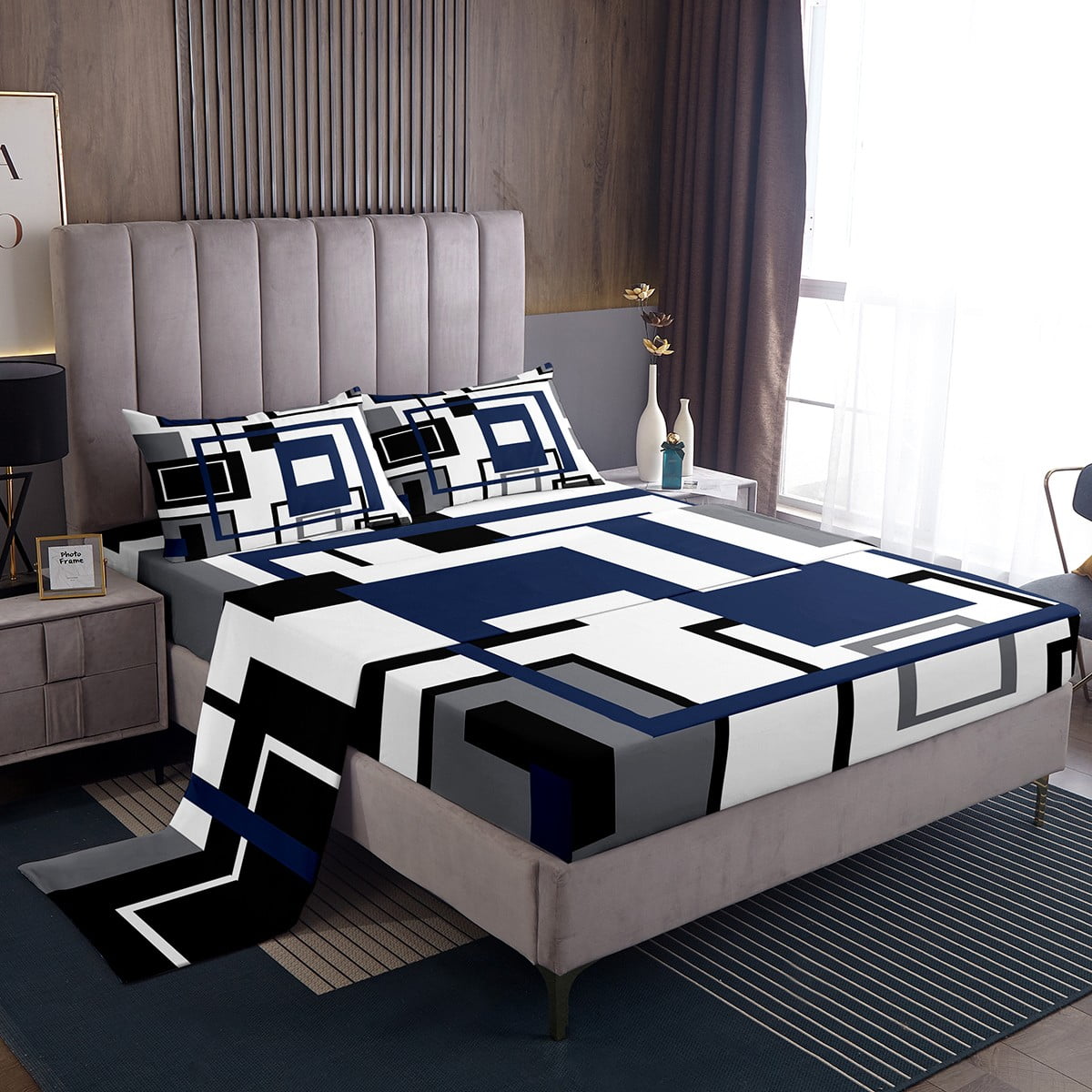 Navy Blue Square Sheet Set For Teen Twin Lack White Grey Geometric ...