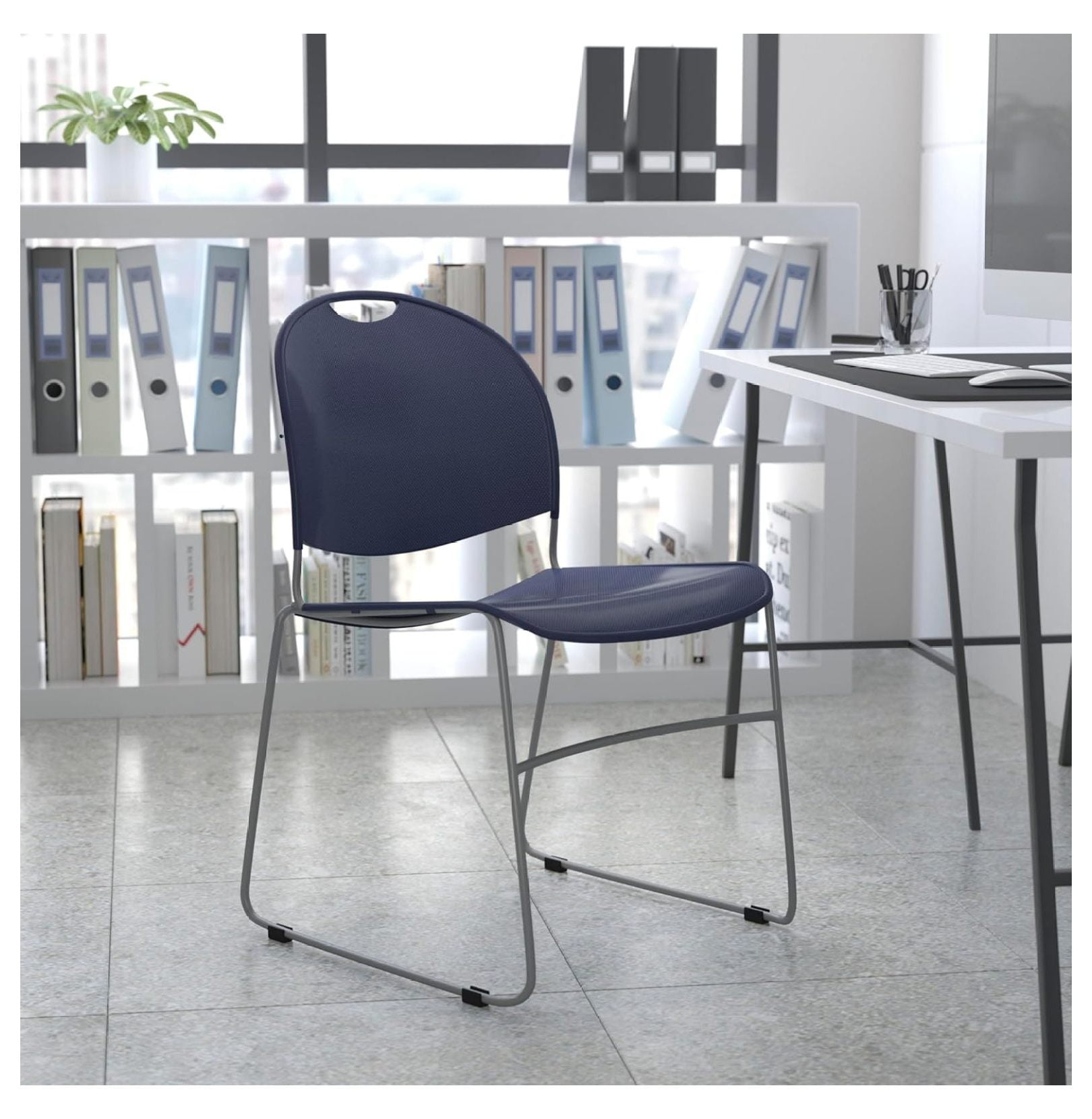 Navy Blue Stackable Plastic Chair with Steel Frame - Lightweight Indoor ...