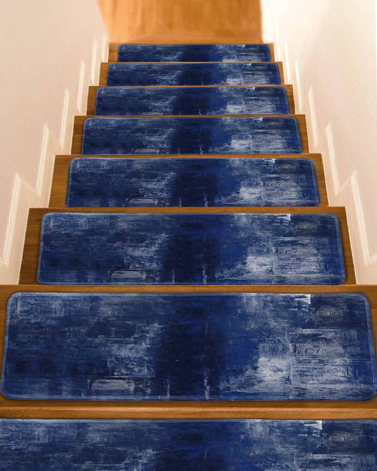 Navy Blue Stair Treads for Wooden Steps Indoor Runner Rug Carpet, Retro ...