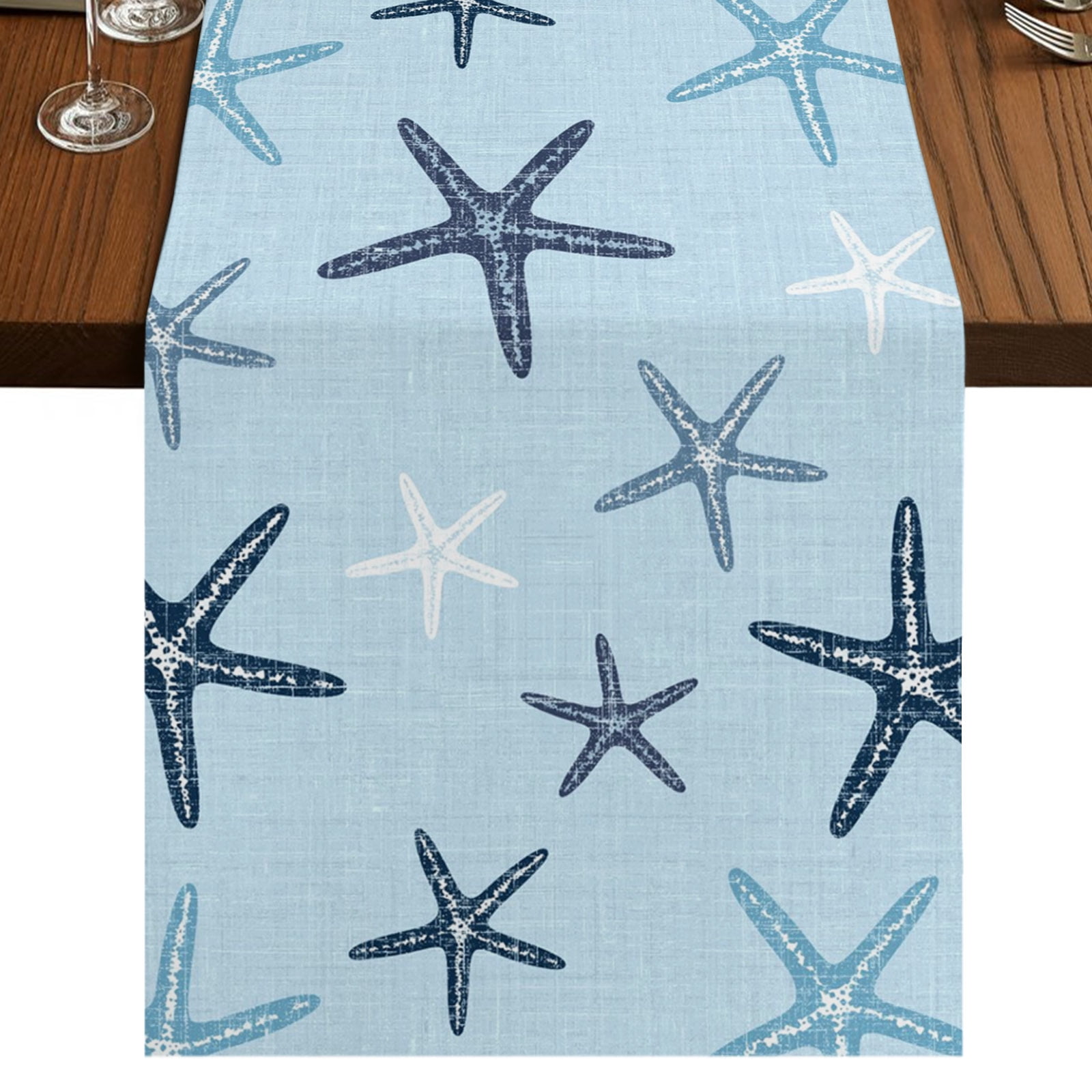 Navy Blue Starfish Burlap Cotton Table Runner 13x70 Inches Long ...