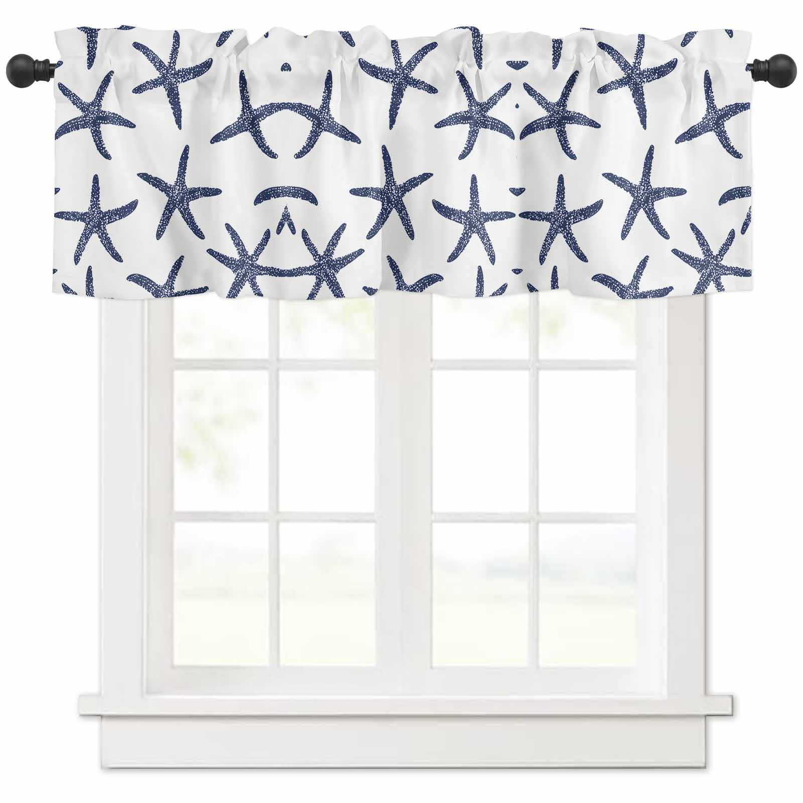 Navy Blue Starfish Coastal Valances for Windows Farmhouse Kitchen ...