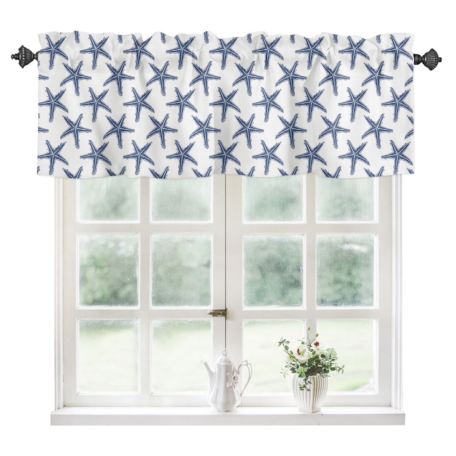Navy Blue Starflsh, Kitchen Valances for Windows 42x12 Inch Kitchen ...