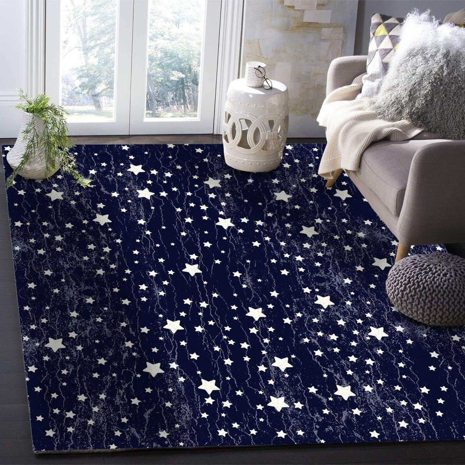 Navy Blue Starry Night Stars Kids Rugs, Mysterious Starry Sky Area Rugs ...