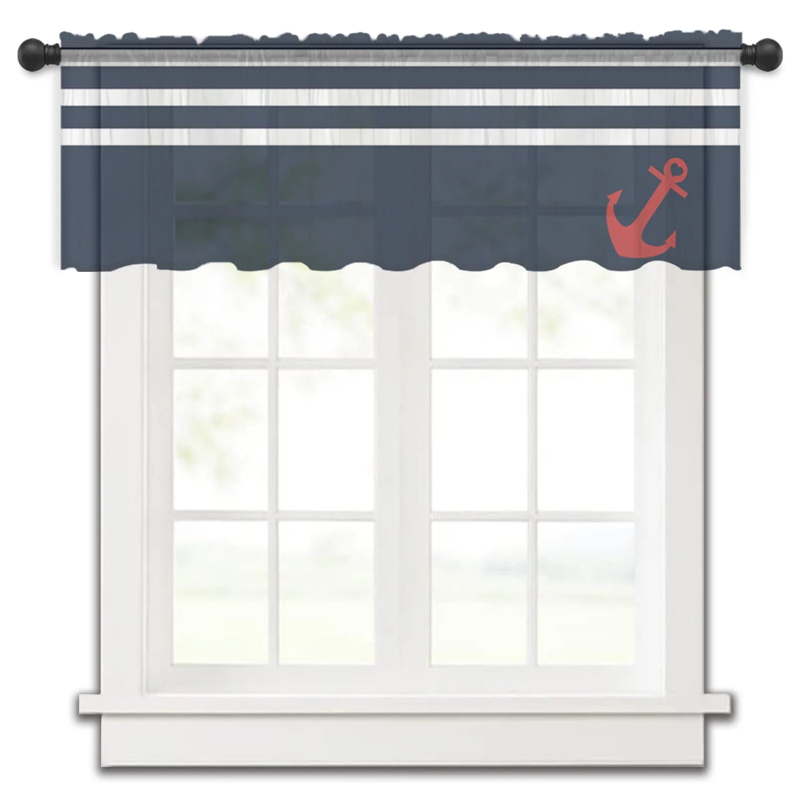 Navy Blue Stripe Anchor Simple Small Window Curtain Valance Sheer Short ...