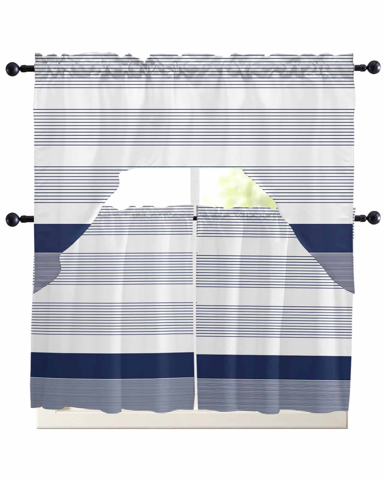 Navy Blue Stripe Kitchen Curtains Sets 36 Inch Length with Valance ...