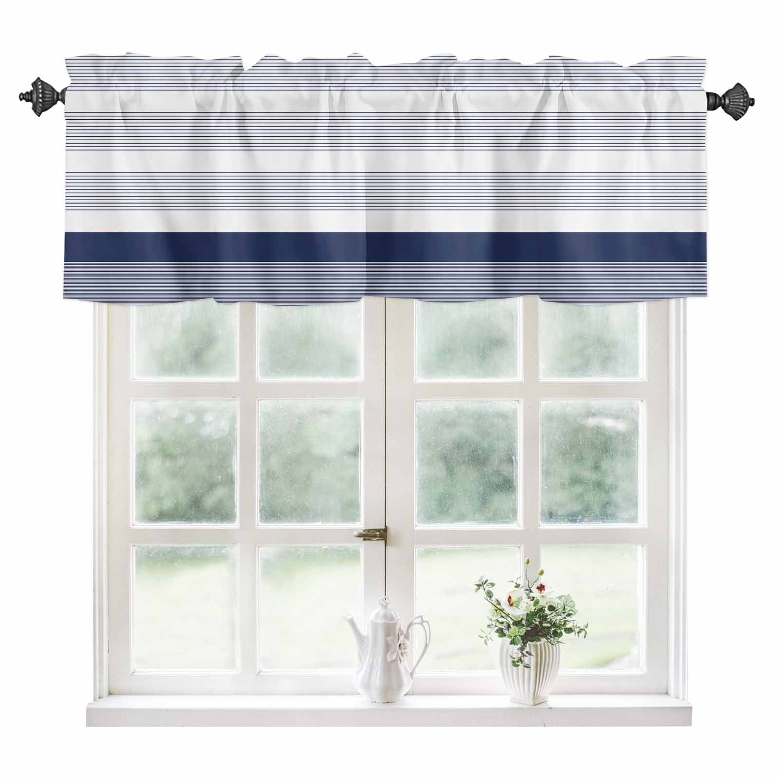 Navy Blue Stripe Kitchen Valances for Windows 42x12 Inch Kitchen ...