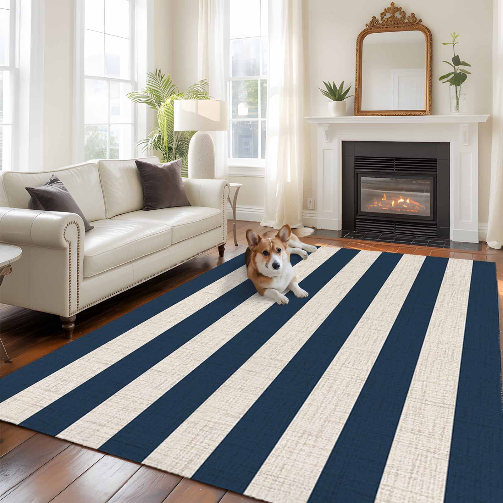 Navy Blue Stripe Large Area Rugs 8x10ft Minimalist Stripes Nautical ...