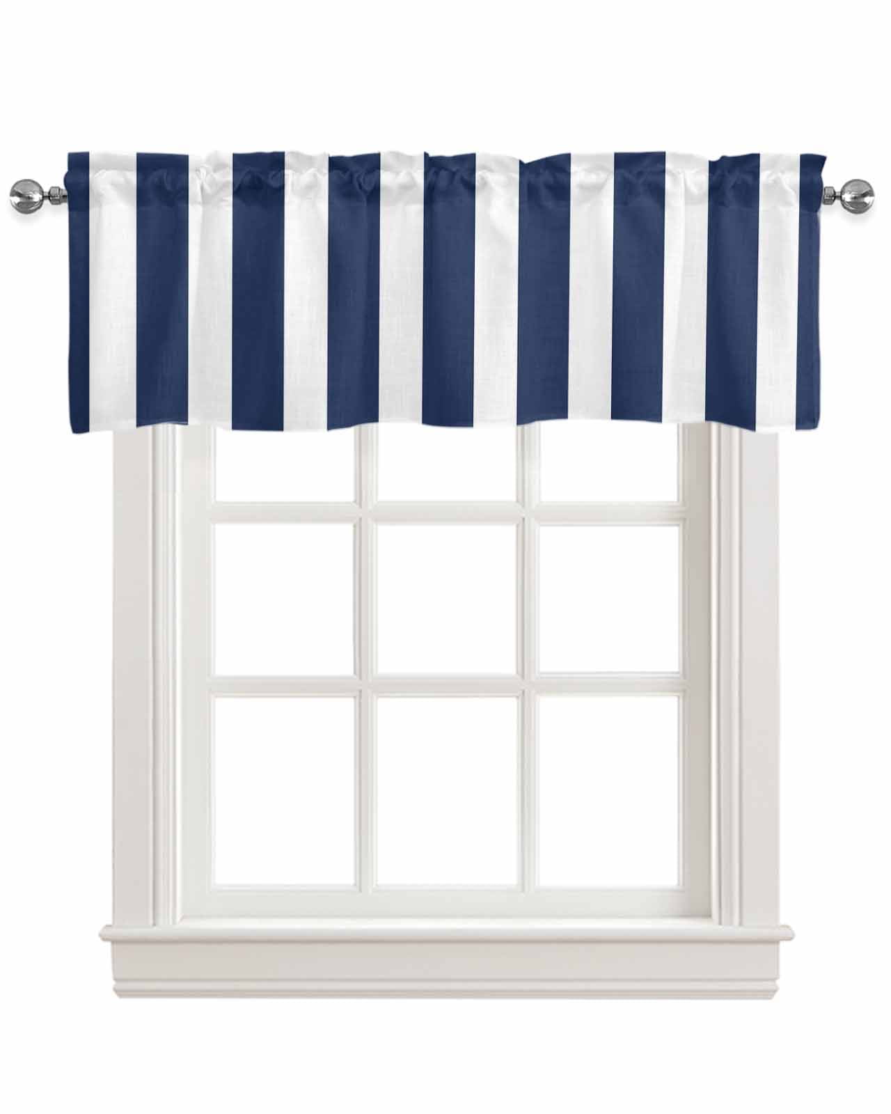 Navy Blue Stripe Linen Curtain Valance for Bedroom/Bathroom/Kitchen ...