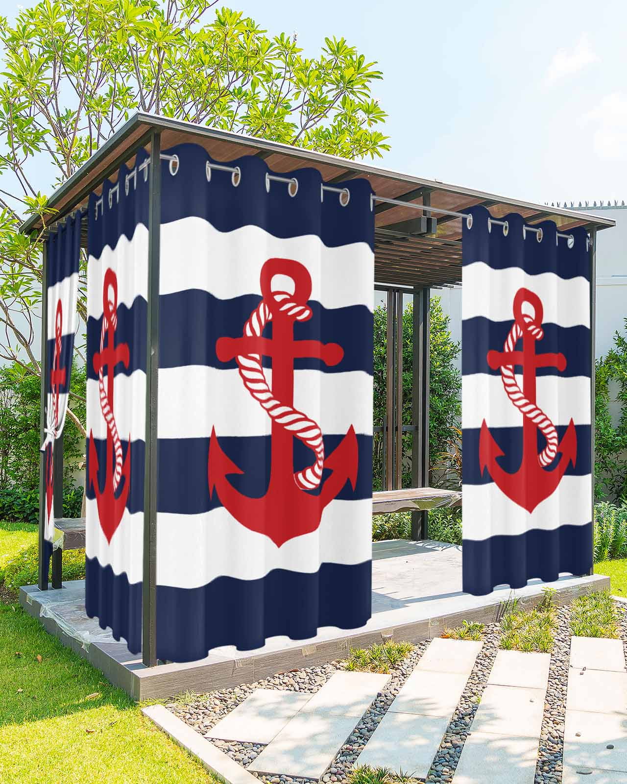 Navy Blue Stripe Nautical Outdoor Curtains for Patio, Red Anchor Summer ...