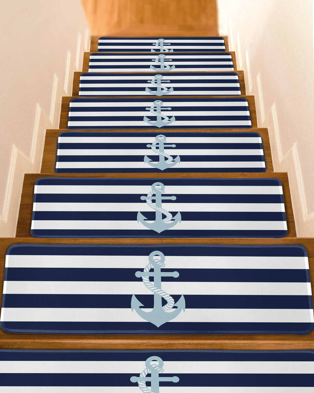 Navy Blue Stripe Nautical Stair Treads for Wooden Steps Indoor Runner ...