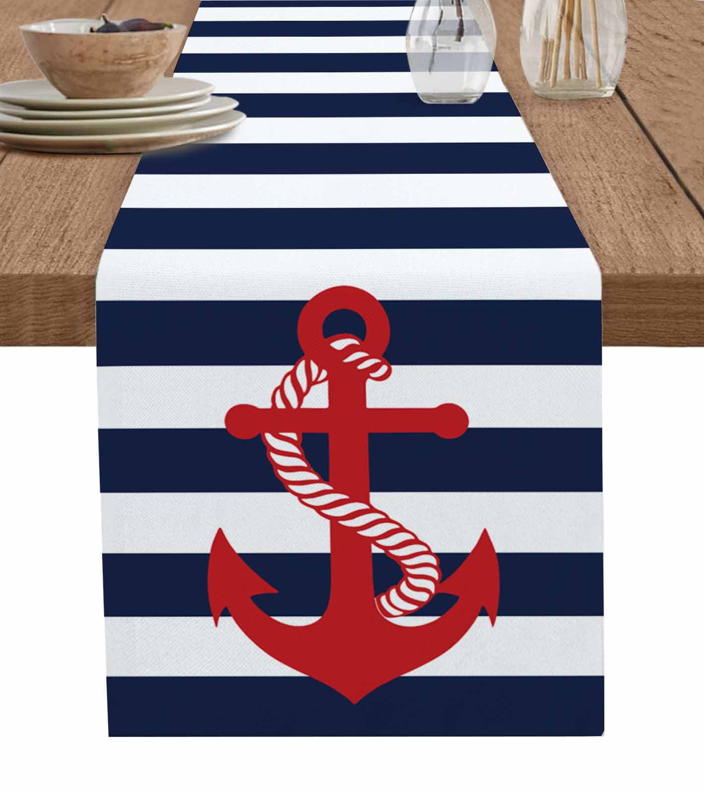Navy Blue Stripe Nautical Table Runner Red Anchor Summer Coastal ...