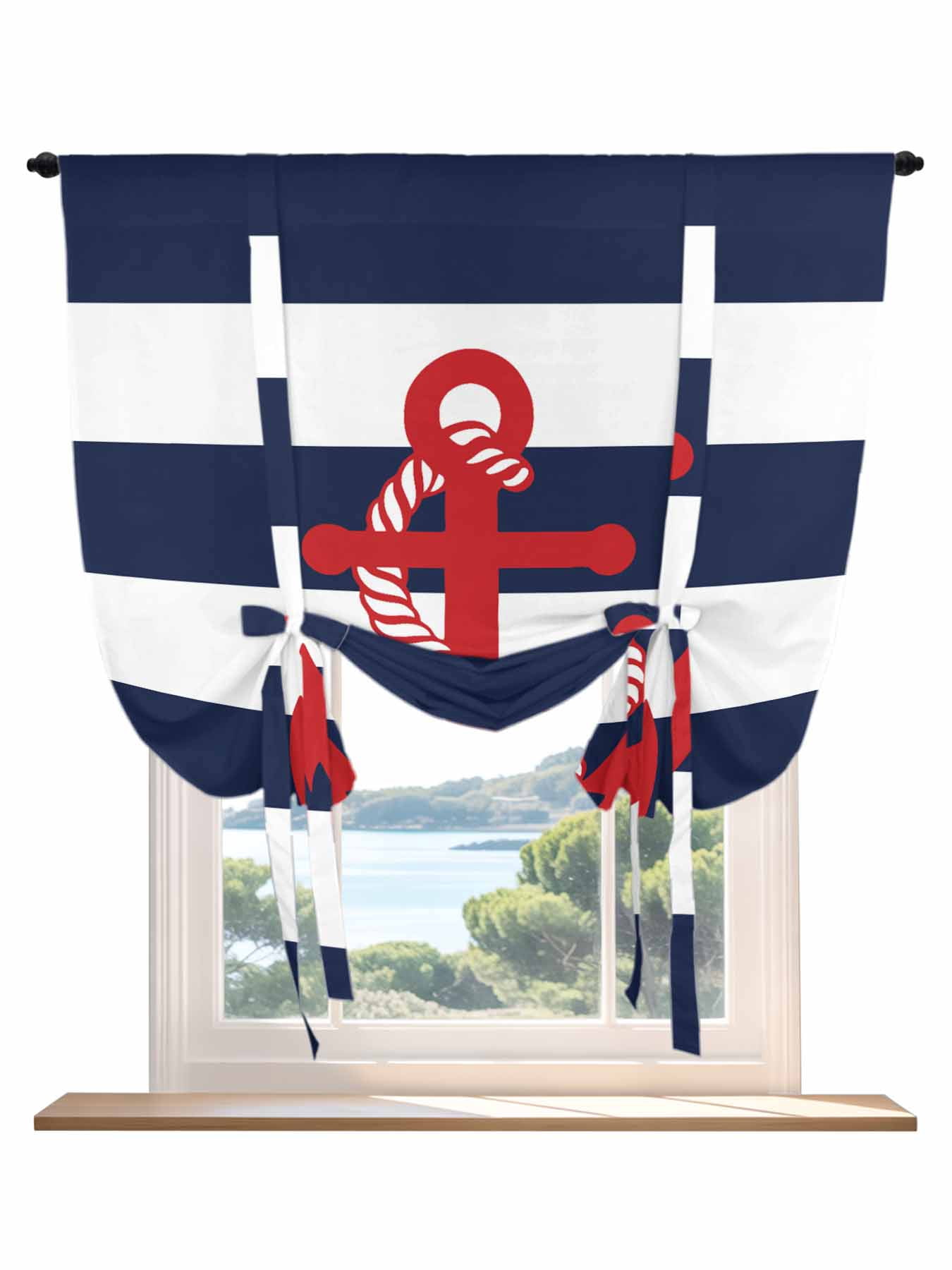 Navy Blue Stripe Nautical Tie Up Curtains for Windows 54 Inch Length ...