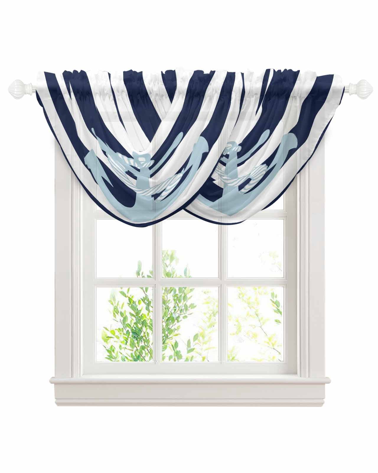 Navy Blue Stripe Nautical Waterfall Valances for Windows, Aqua Anchor ...
