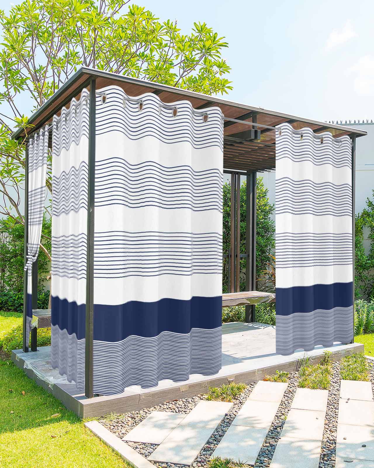 Navy Blue Stripe Outdoor Curtains for Patio, Modern Rustic Horizontal ...