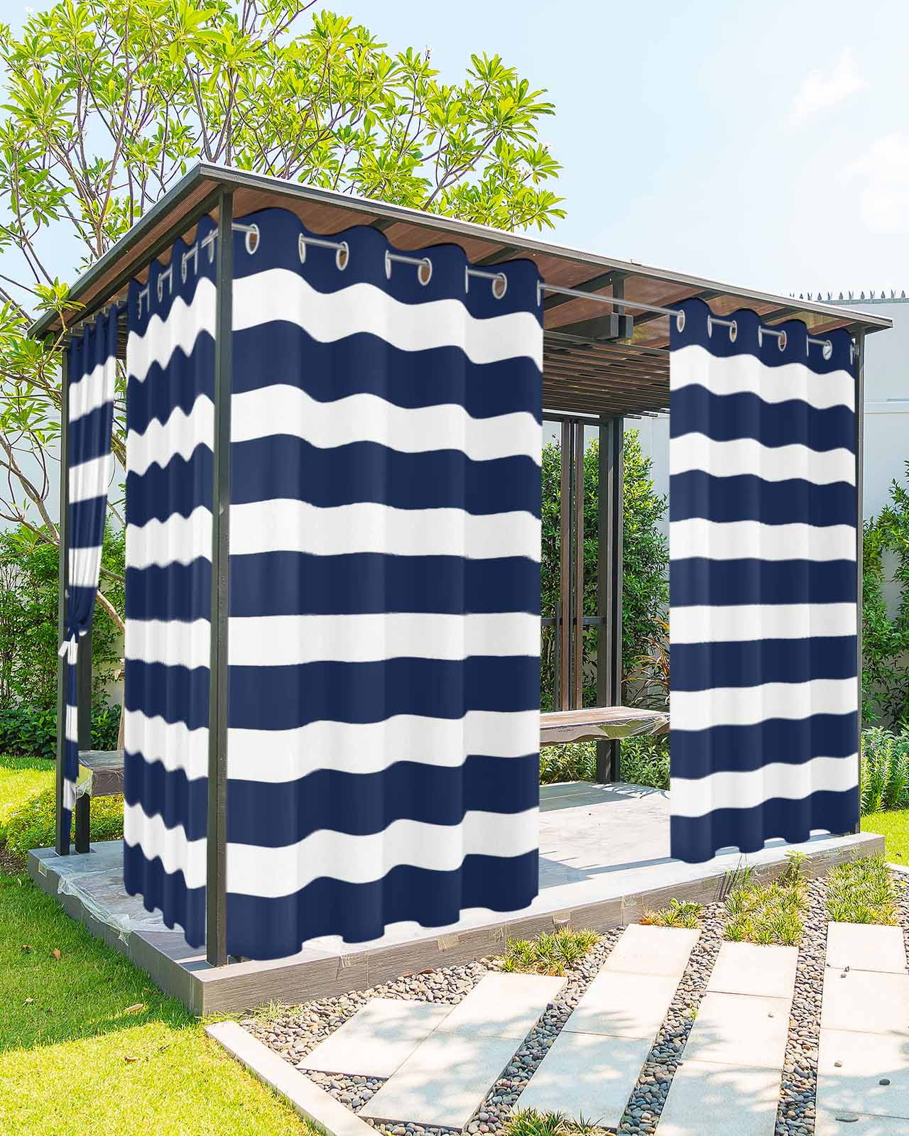 Navy Blue Stripe Outdoor Curtains for Patio Waterproof,Modern Simple ...