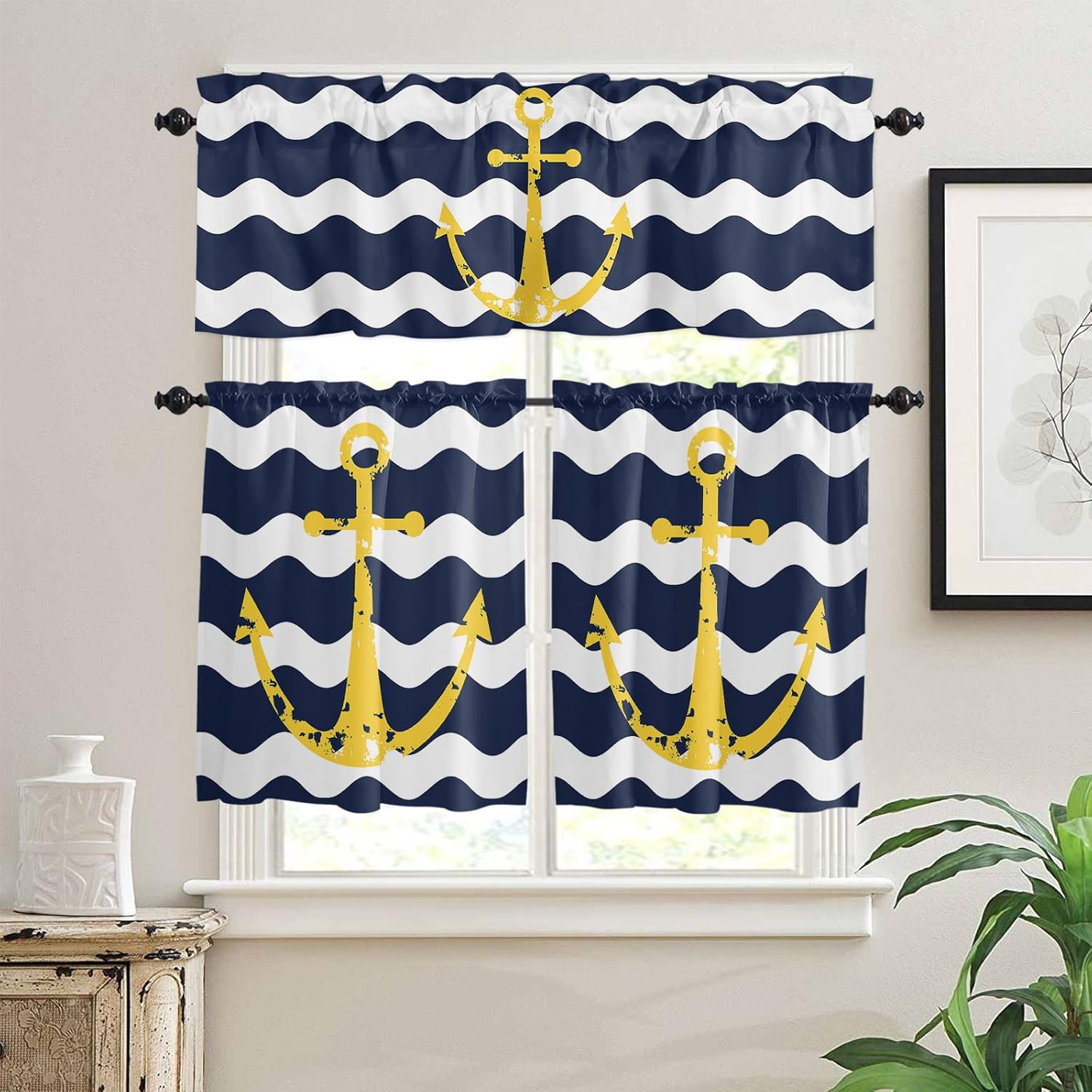 Navy Blue Stripe Ripple Gold Nautical Anchor 3 PCS Kitchen Curtain ...