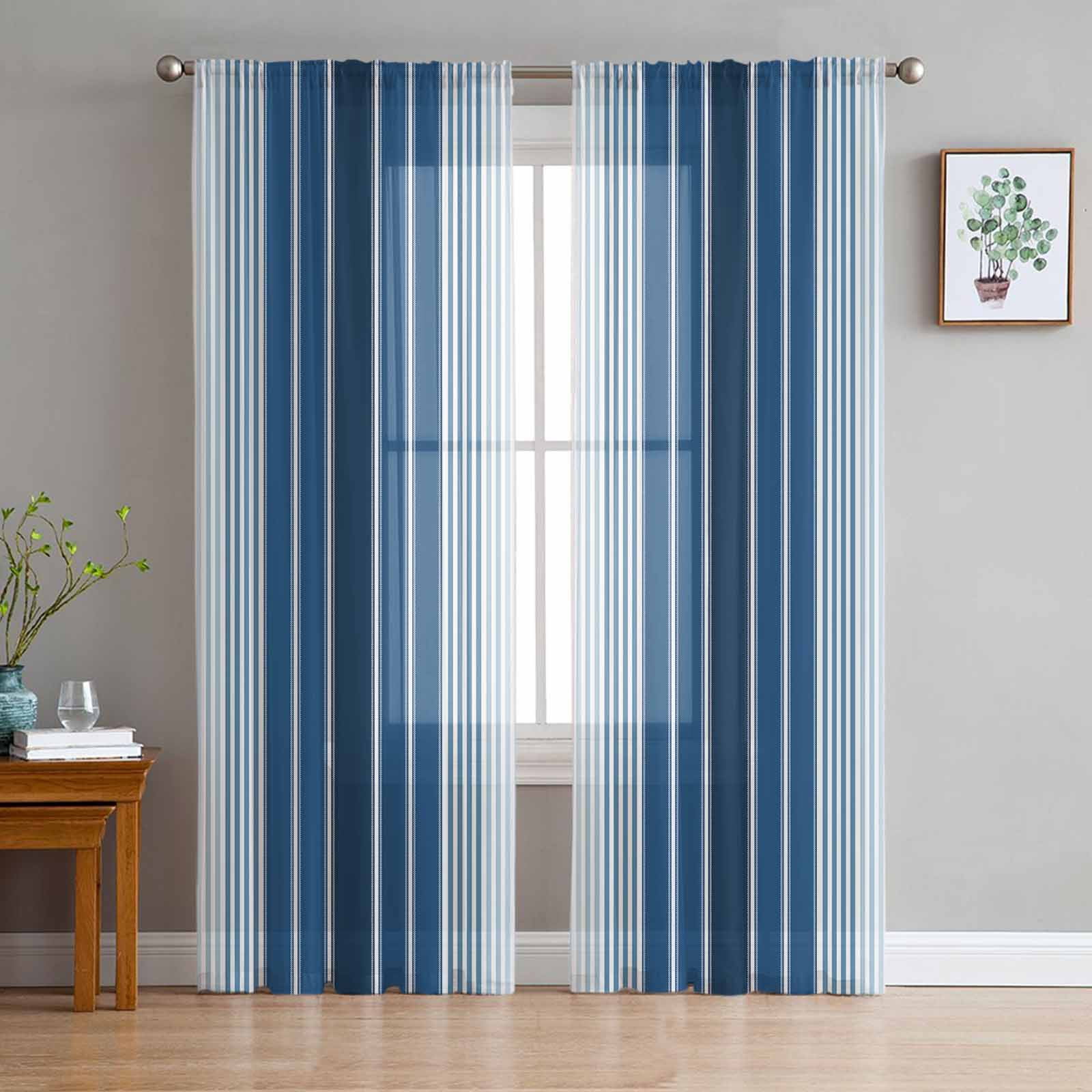 Navy Blue Stripe Sheer Curtains 63 Inches Length 2 Panels Set, Window ...