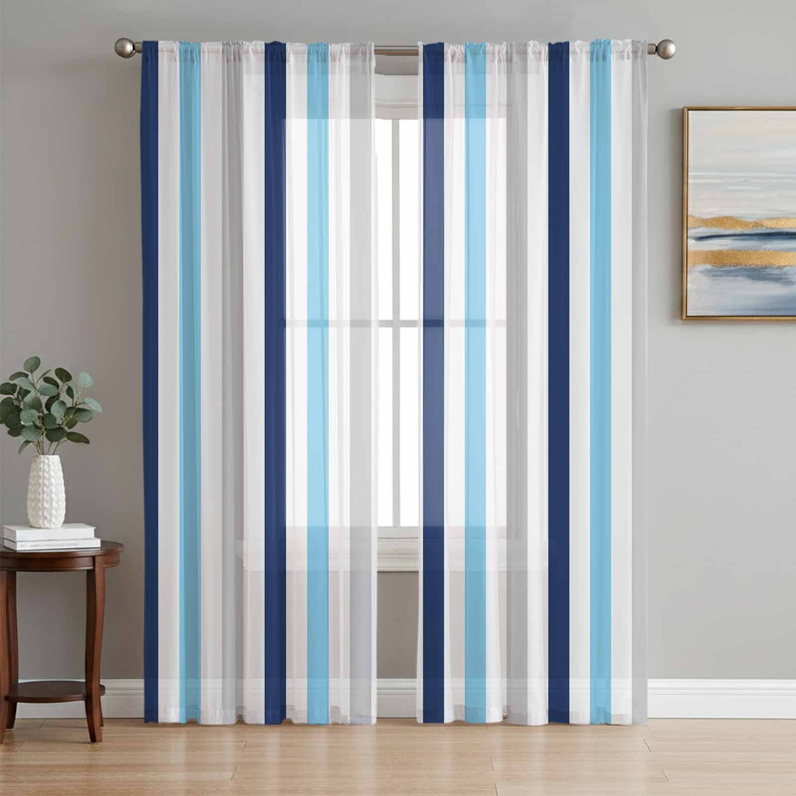 Navy Blue Stripe Sheer Curtains 84 Inch Length 2 Panels Set, Ombre ...