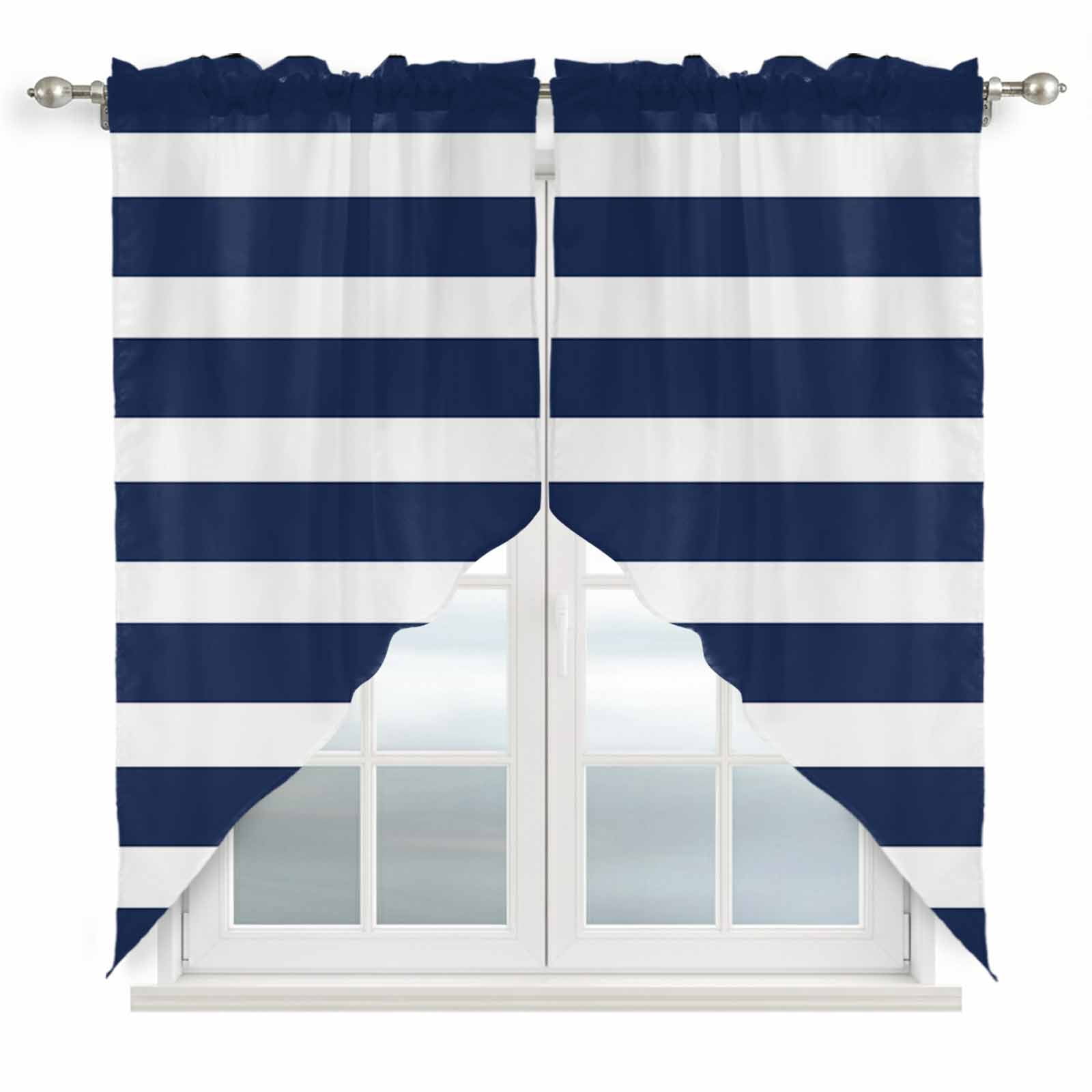 Navy Blue Stripe Swag Curtains Modern Simple Geometric White Striped ...