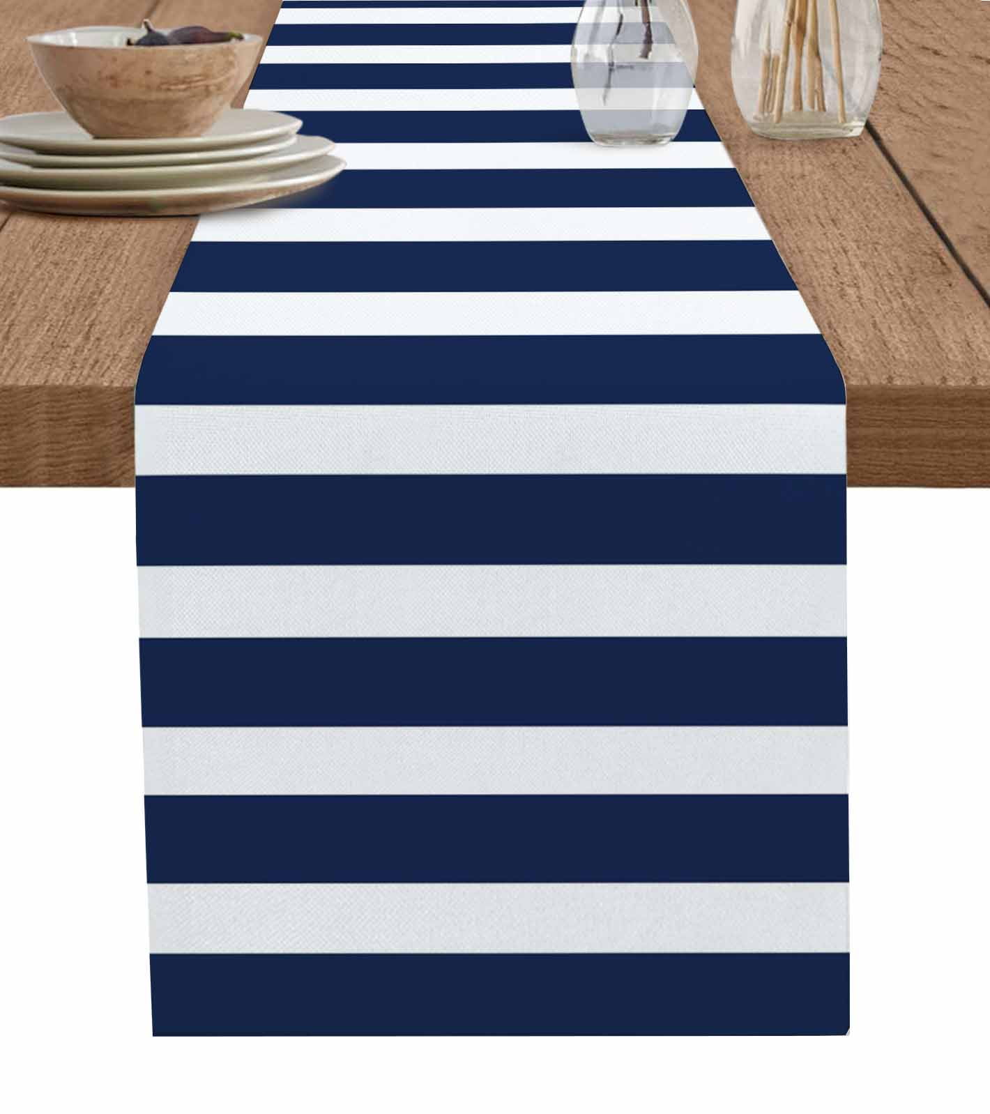 Navy Blue Stripe Table Runner 72 Inches, Modern Simple Geometric White ...