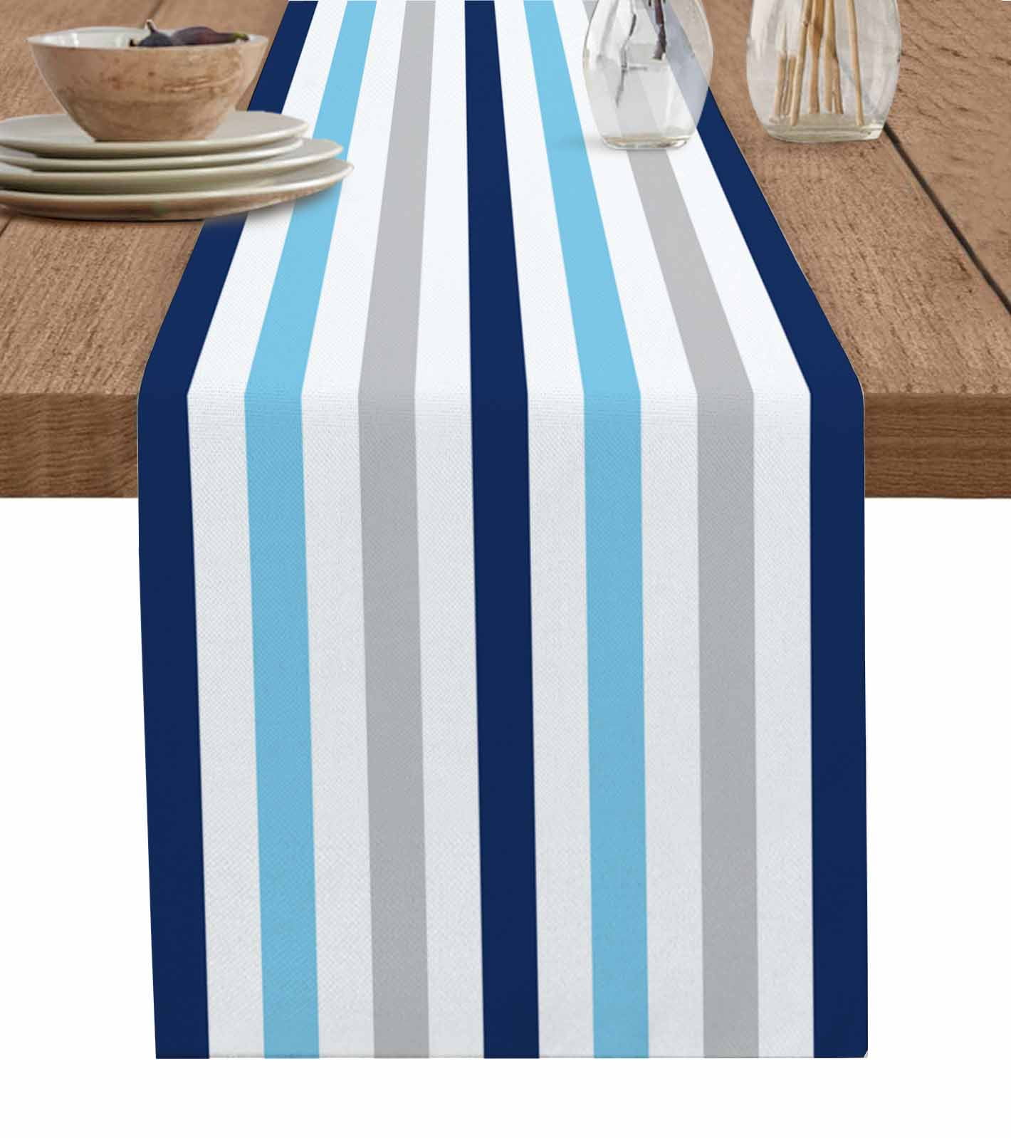 Navy Blue Stripe Table Runner 72 Inches, Ombre Geometric Grey Vertical Striped Bed Runner ...