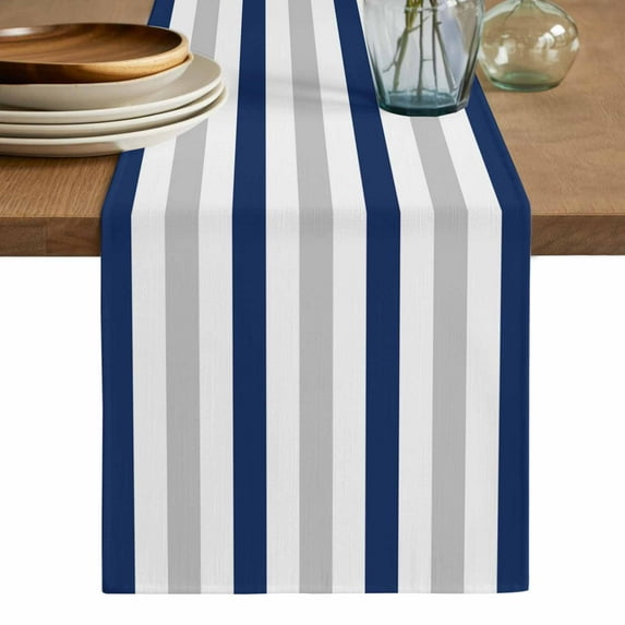 Navy Blue Stripe Table Runner, Geometric Grey White Vertical Striped ...