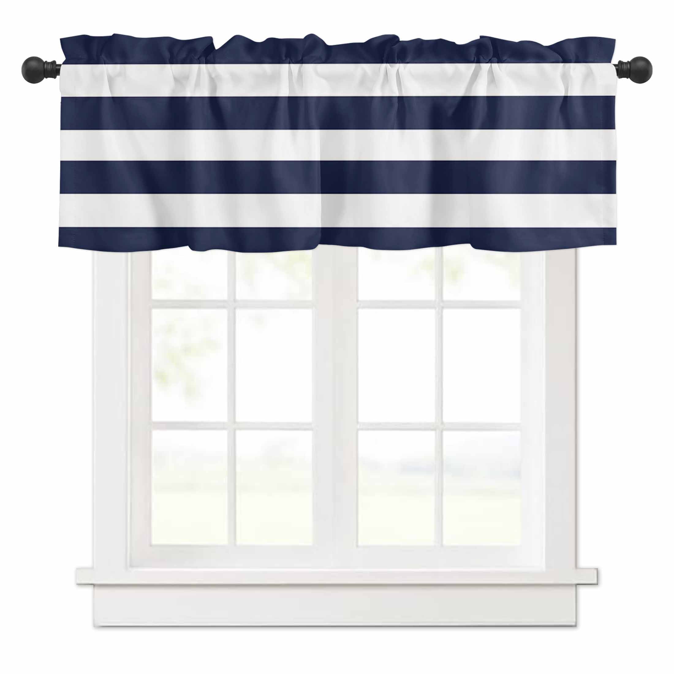 Navy Blue Stripe Valances for Windows Simple Style White Striped Rod ...