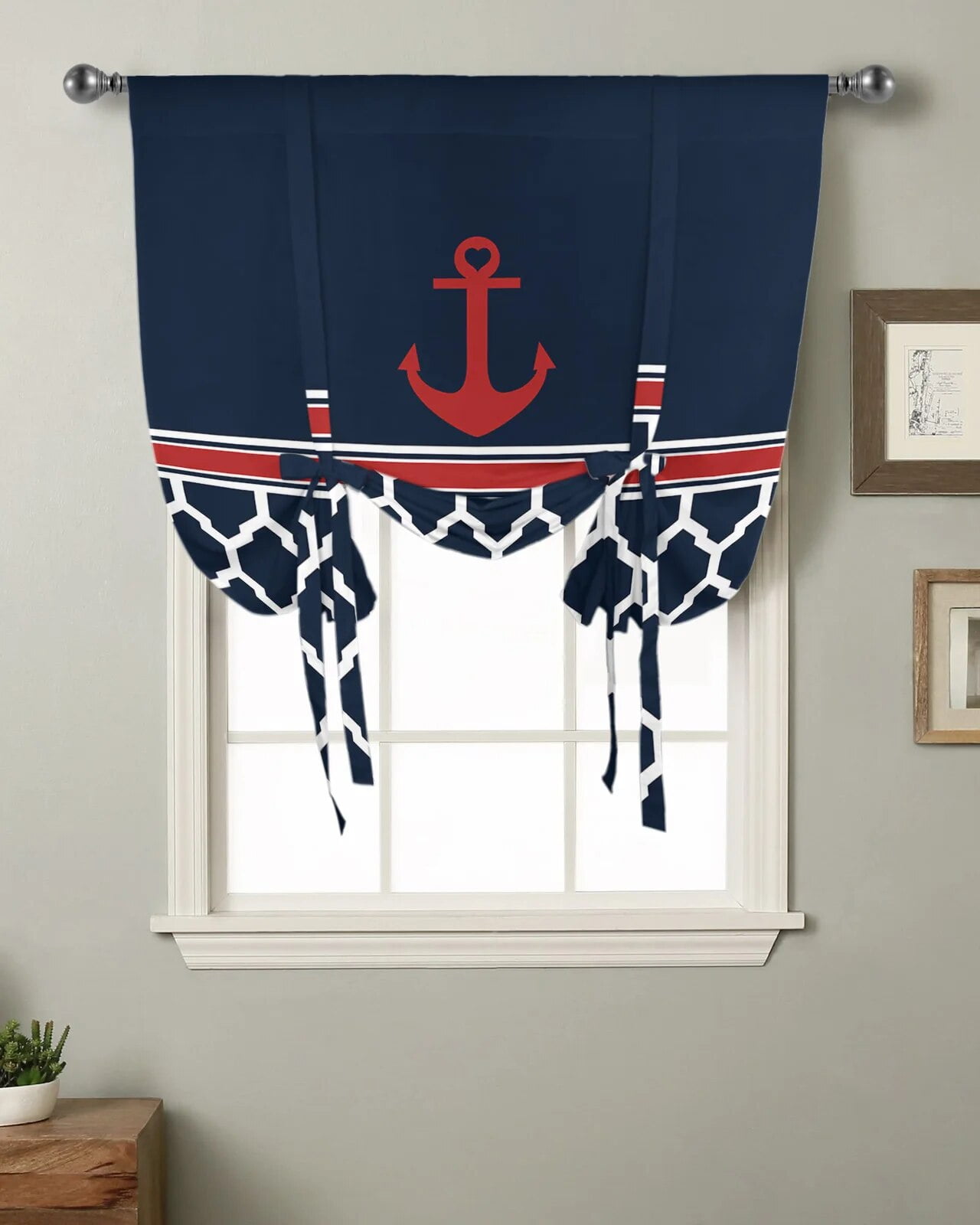 Navy Blue Striped Anchor Kitchen Short Window Curtain Rod Pocket ...