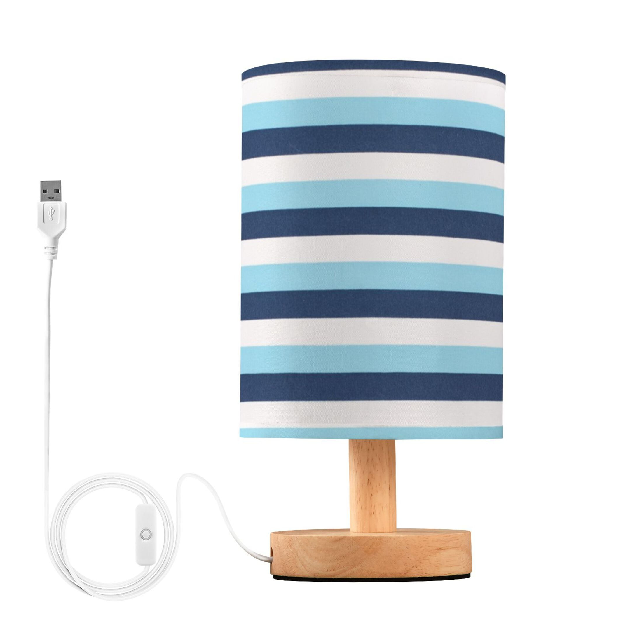 Navy Blue Striped Bedside Table Lamp LED Warm Lights with USB Charging ...