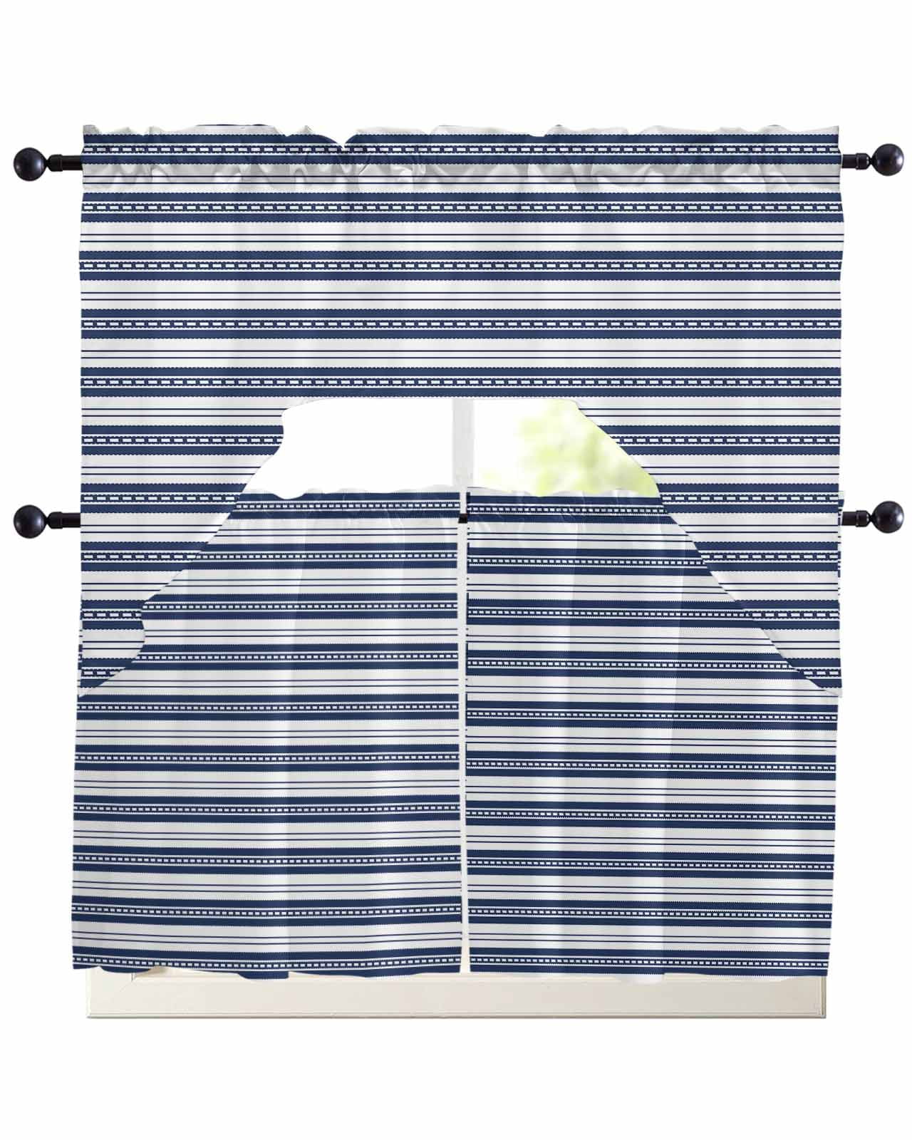 Navy Blue Striped Kitchen Curtains Sets 24 Inch Length with Valance ...