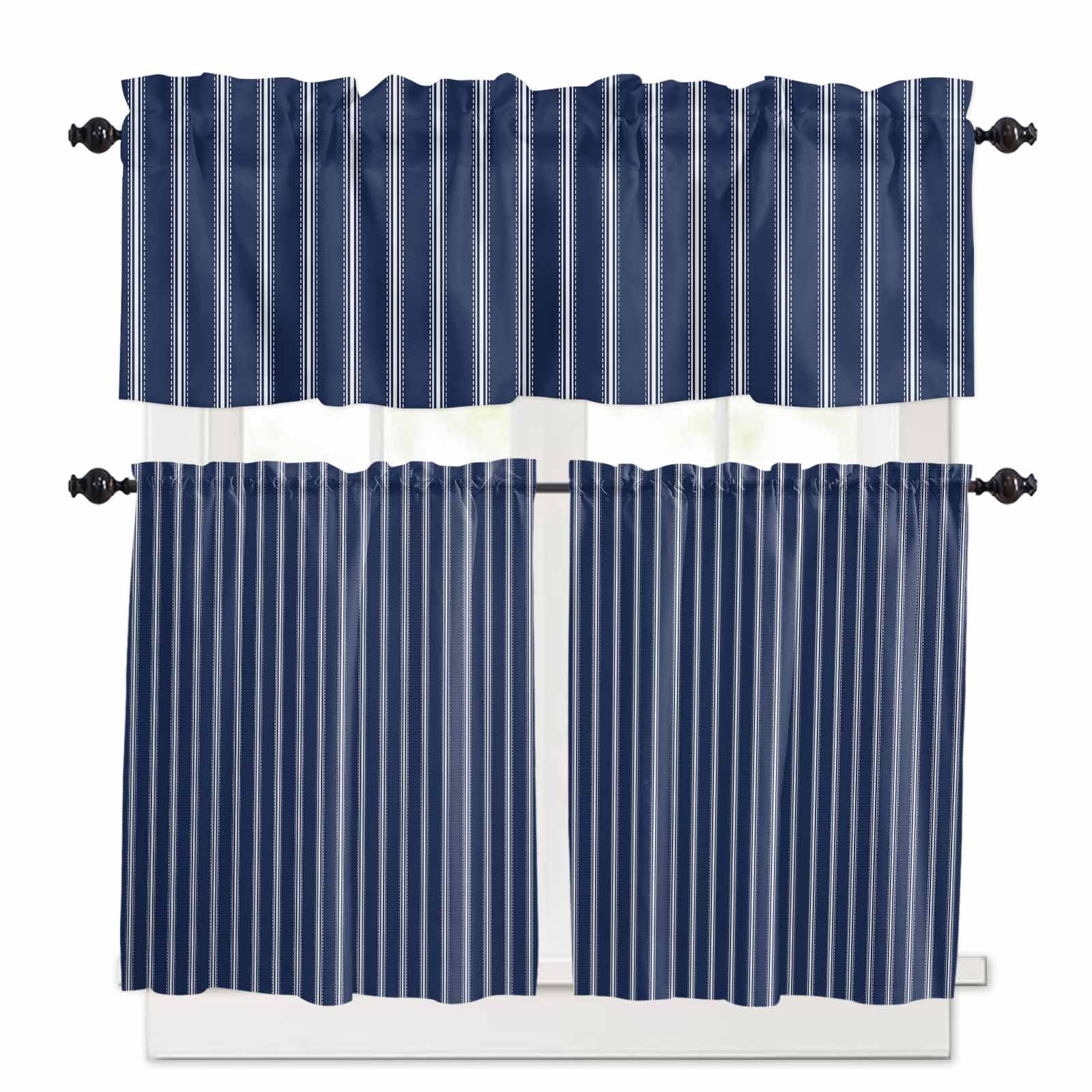 Navy Blue Striped Kitchen Curtains and Valances Set, 3 Piece Kitchen ...