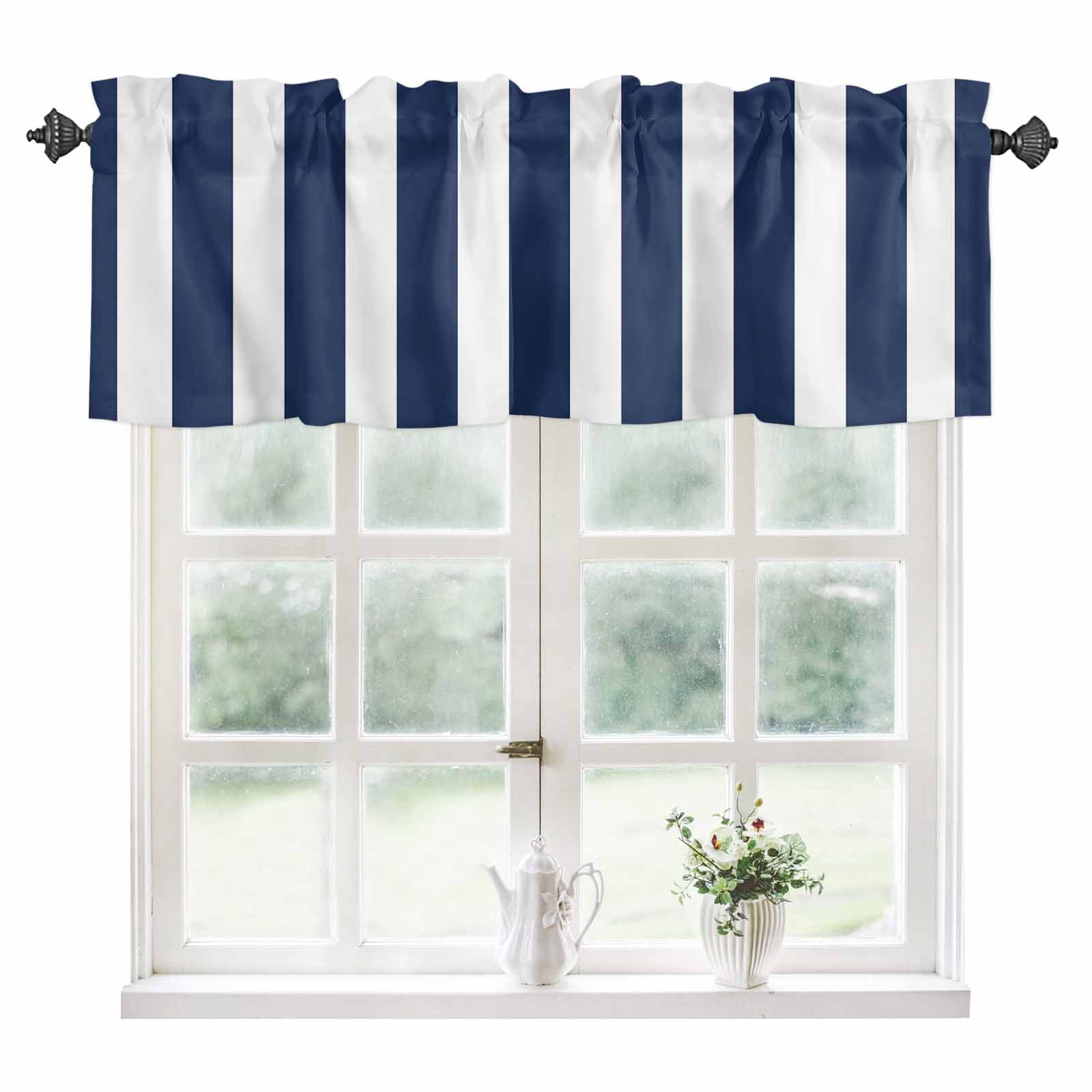 Navy Blue Striped Kitchen Valances for Windows 54x18 Inch Kitchen ...