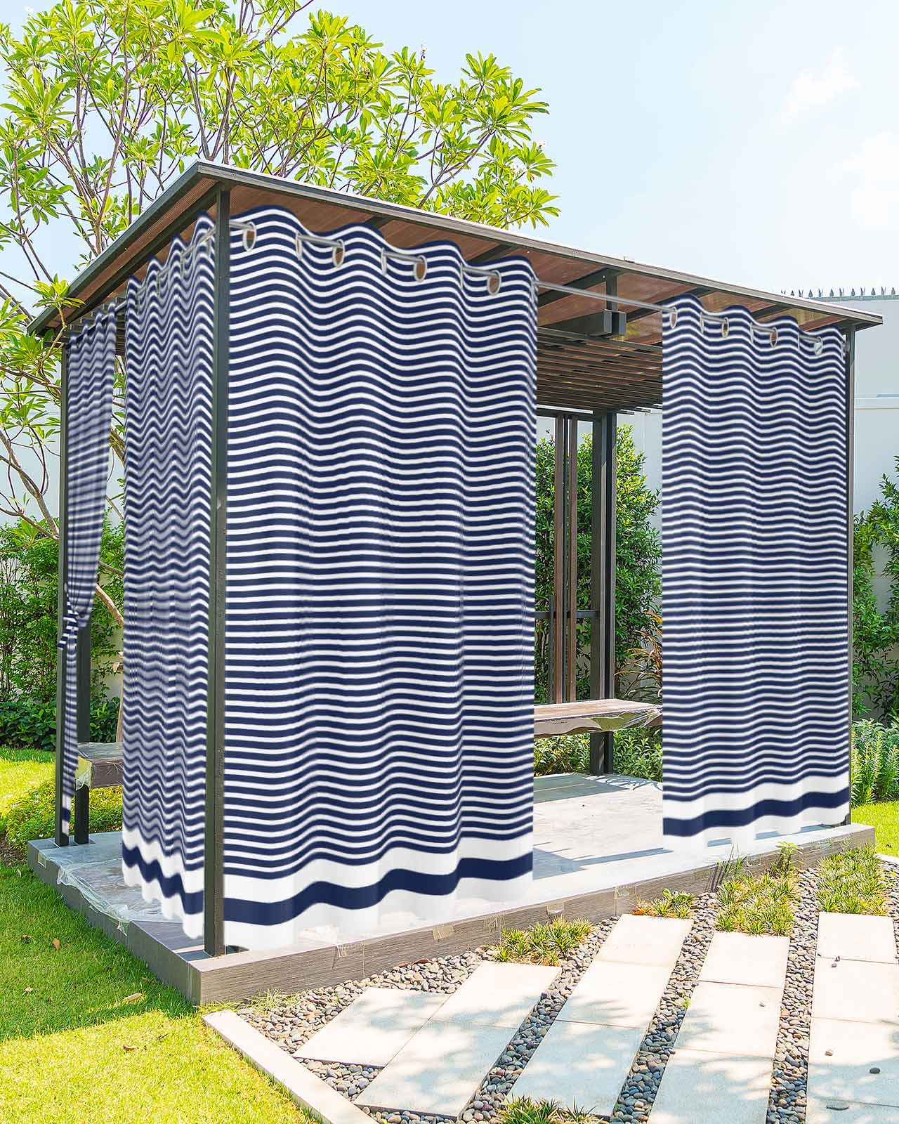 Navy Blue Striped Outdoor Curtains for Patio Waterproof, Modern ...