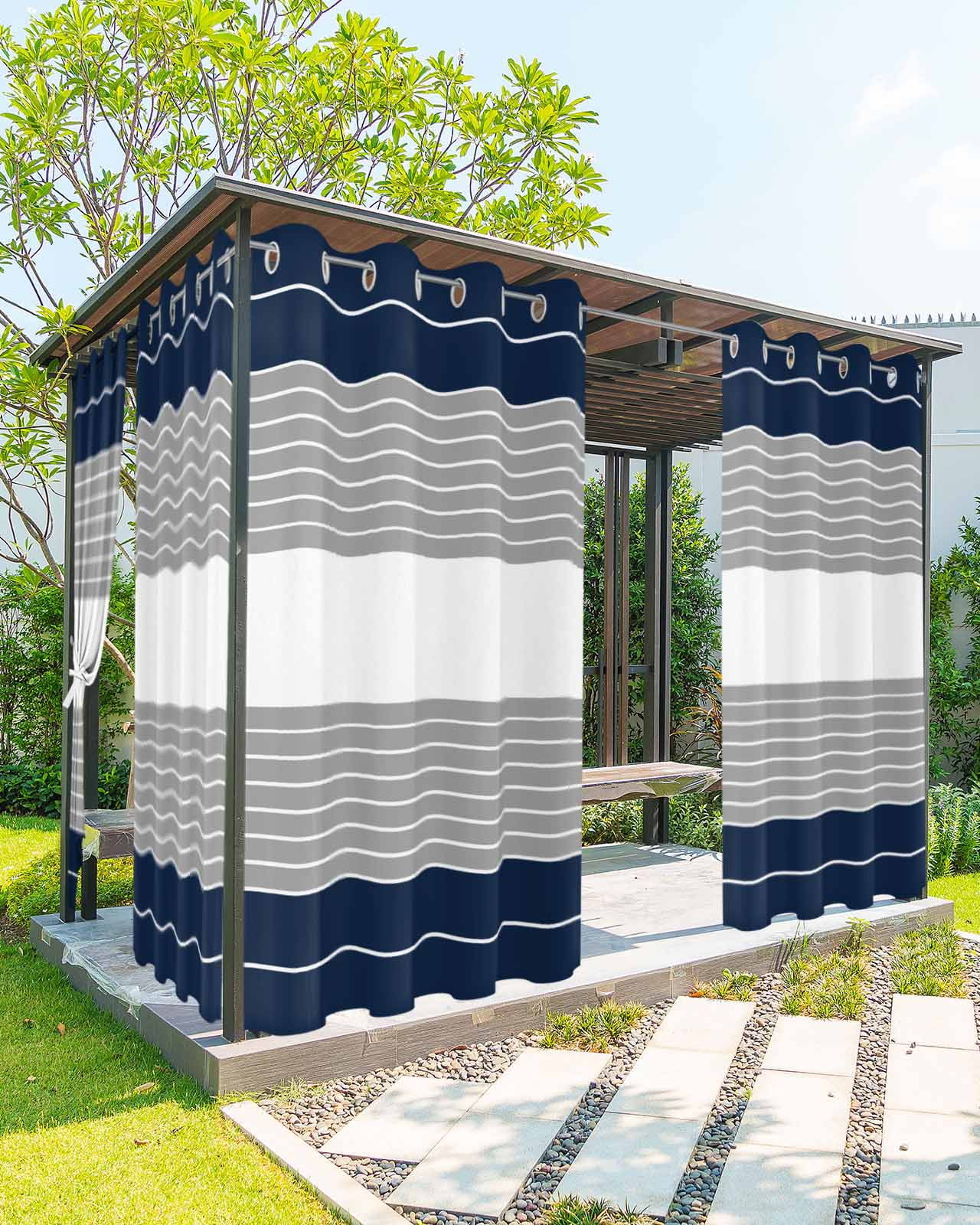 Navy Blue Striped Outdoor Curtains for Patio Waterproof,Multi Grey ...