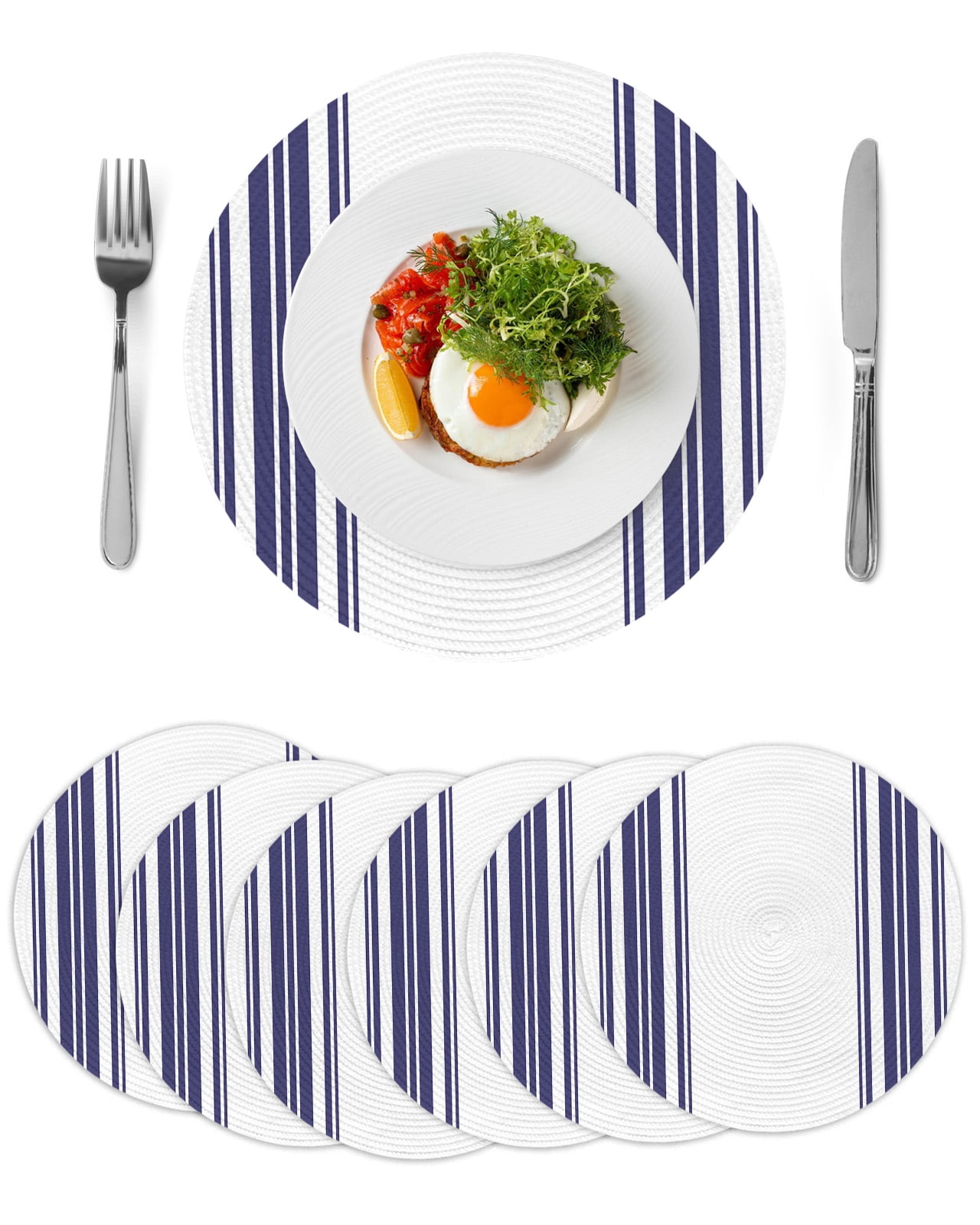 Navy Blue Striped Round 13 Inch Placemats Set of 6, Modern White ...