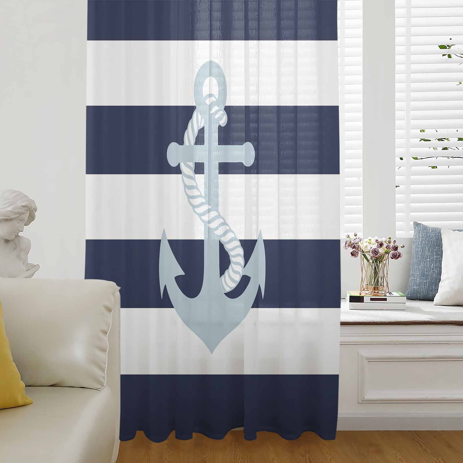 Navy Blue Striped Semi Sheer Curtains Drapes for Living Room, Bedroom ...
