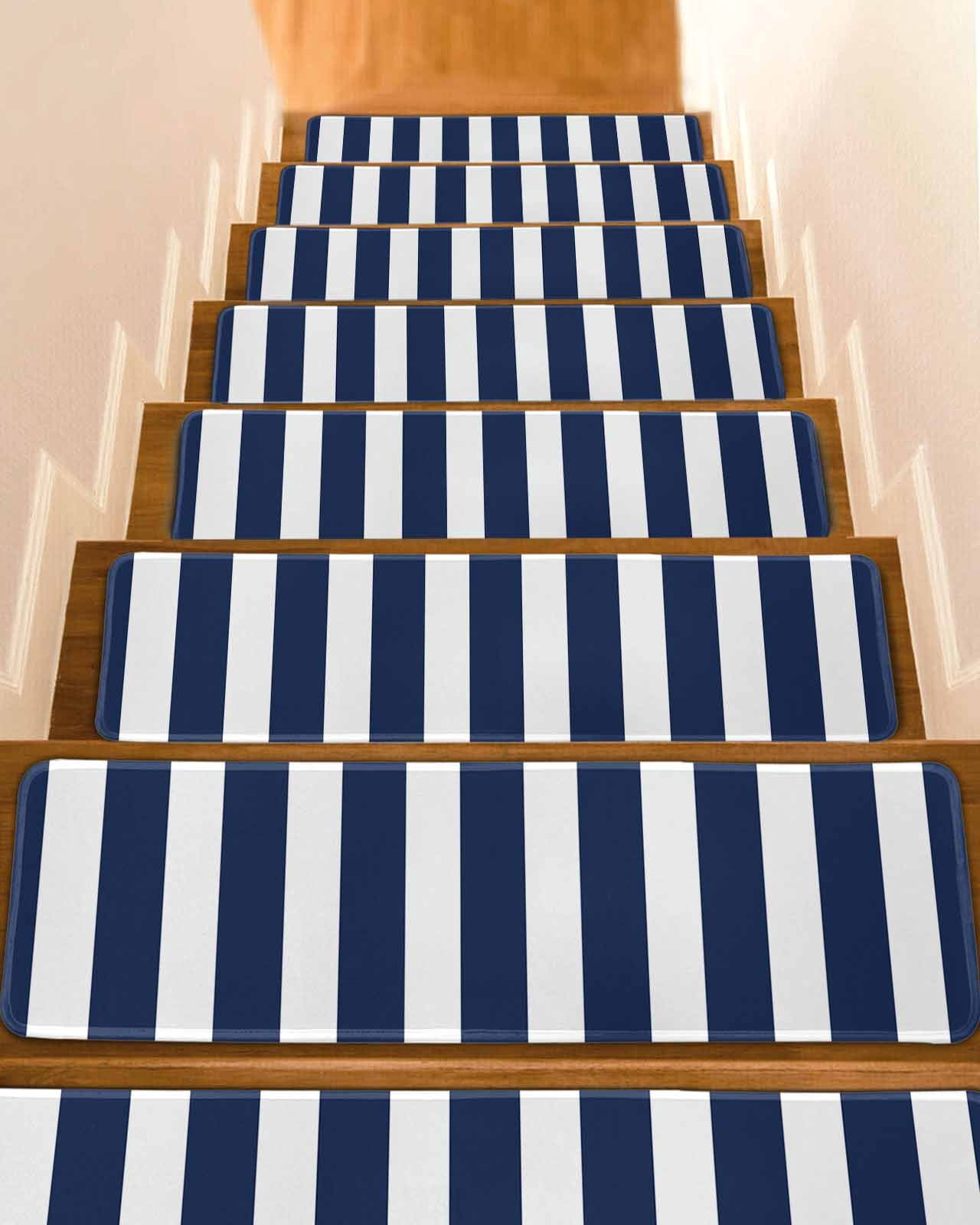 Navy Blue Striped Stair Treads for Wooden Steps Indoor Runner Rug ...