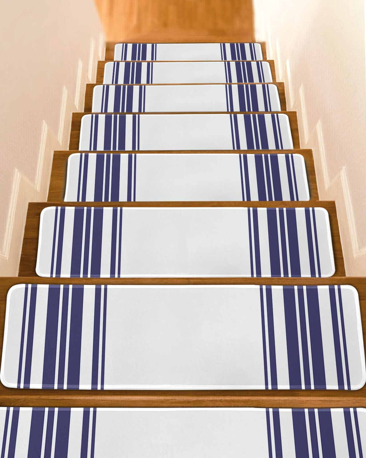 Navy Blue Striped Stair Treads for Wooden Steps Indoor Runner Rug ...