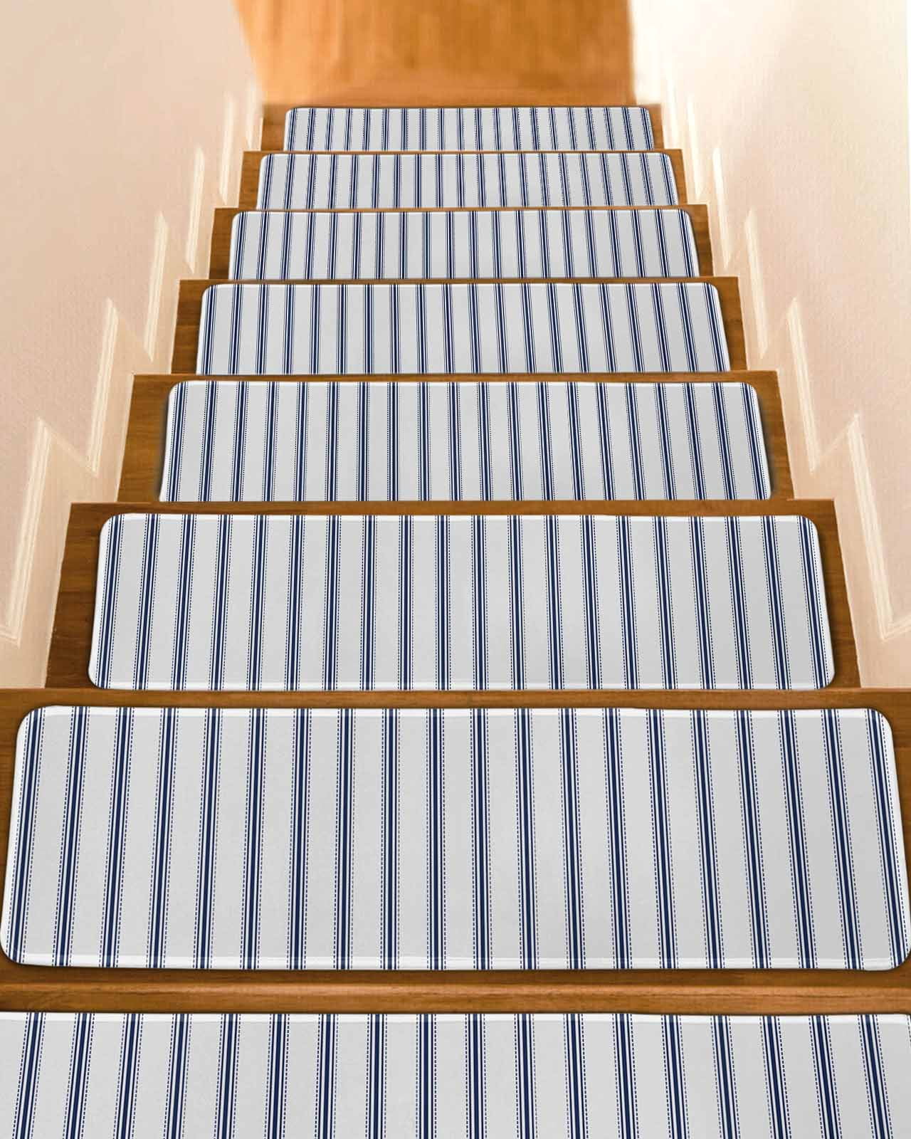 Navy Blue Striped Stair Treads for Wooden Steps Indoor Runner Rug ...