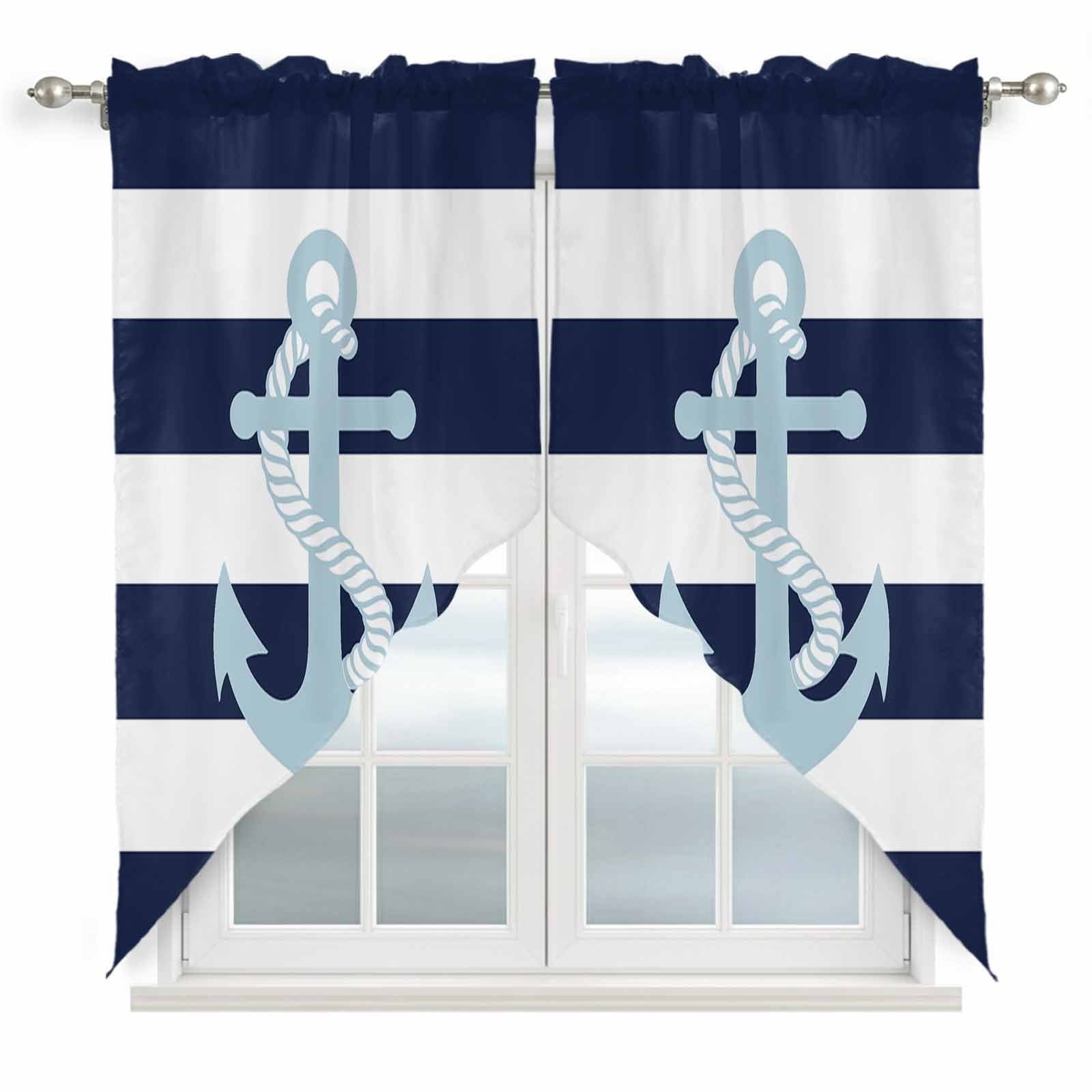 Navy Blue Striped Swag Curtains Blue Anchor Nautical Farmhouse Swag ...