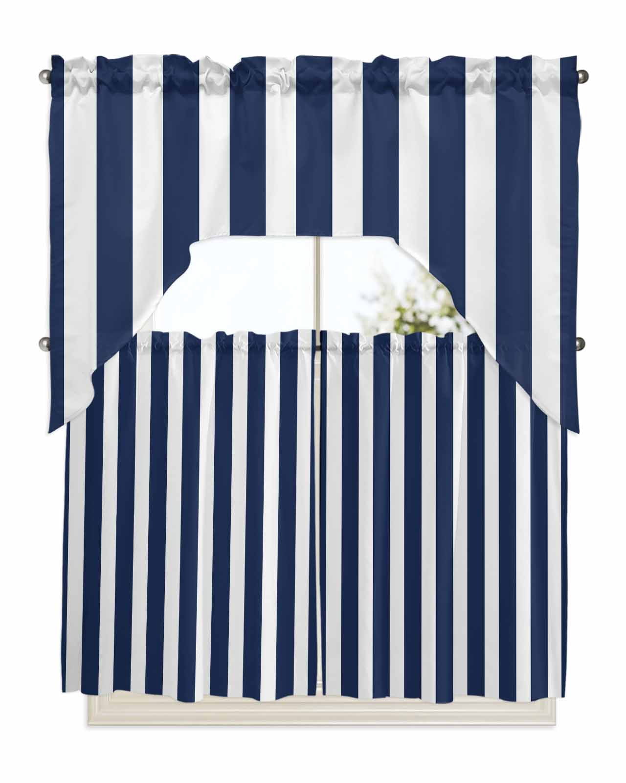 Navy Blue Striped Swag Valance and Tier Curtains 36'' Length Set ...