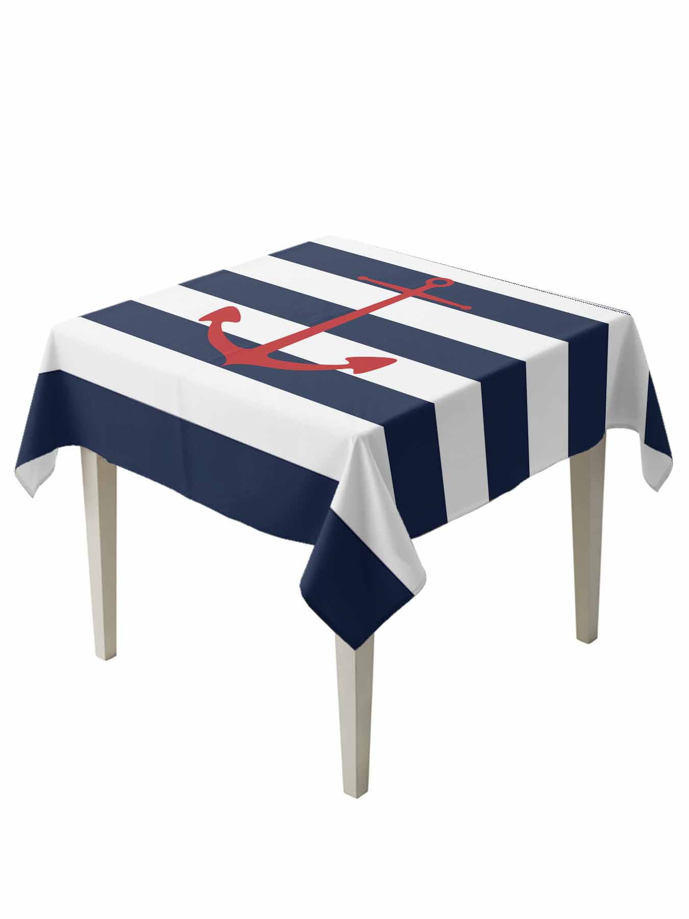 Navy Blue Striped Table Cloth, Red Beach Nautical Anchor Ocean Coastal ...