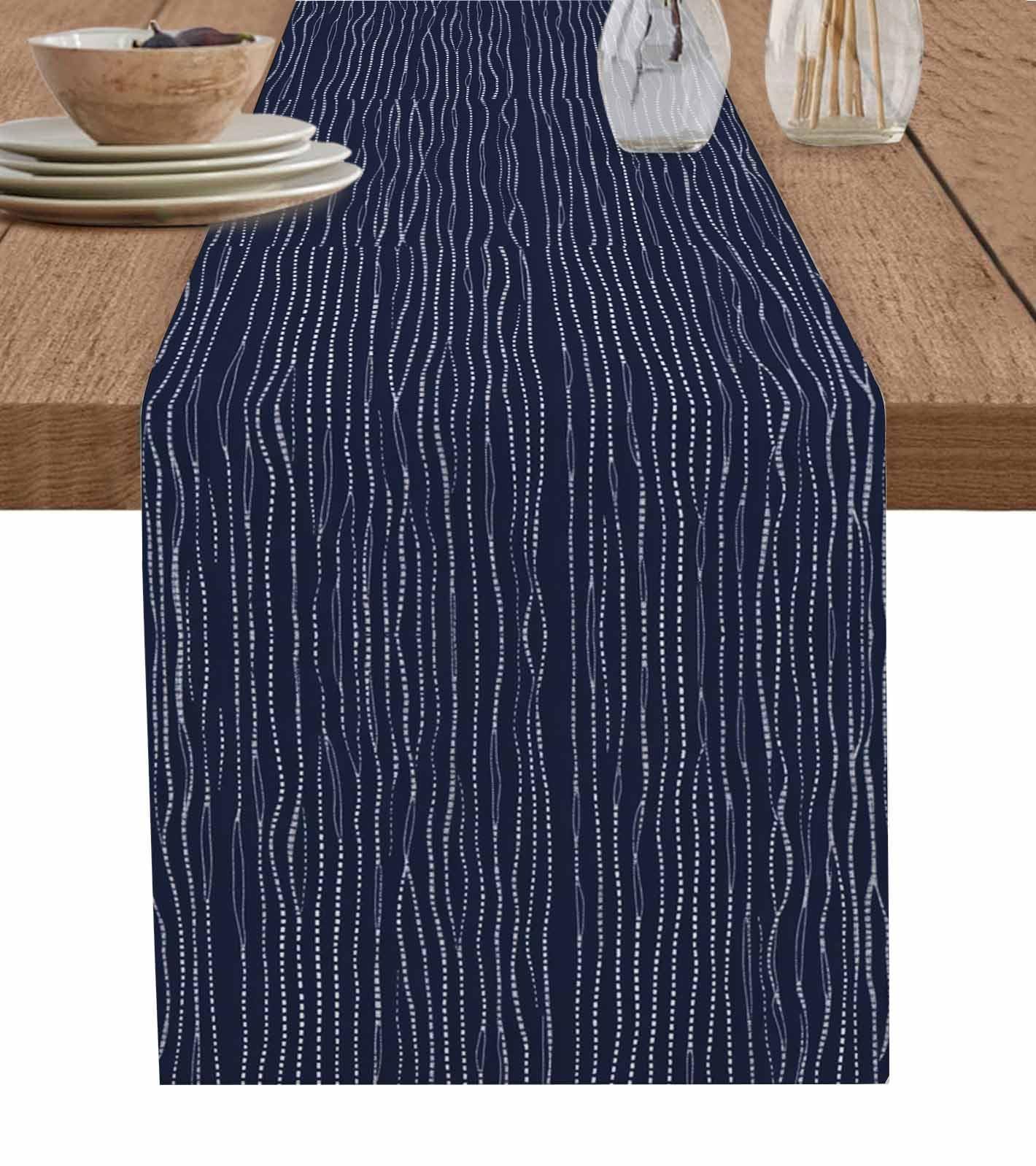 Navy Blue Striped Table Runner 108 Inches, Modern Moire Farmhouse Stripe Bed Runner Dresser ...