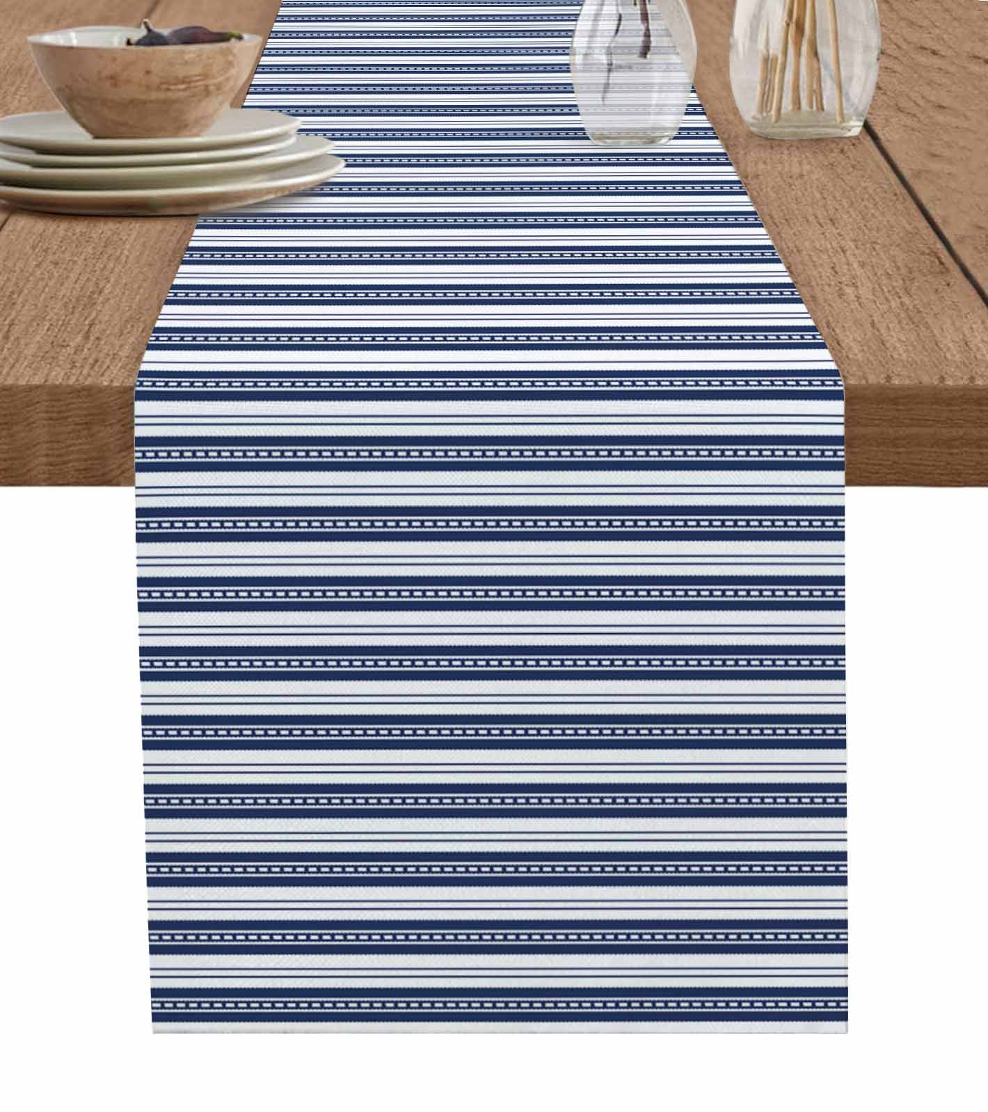 Navy Blue Striped Table Runner Cotton Linen 60 Inch Holiday Dresser ...